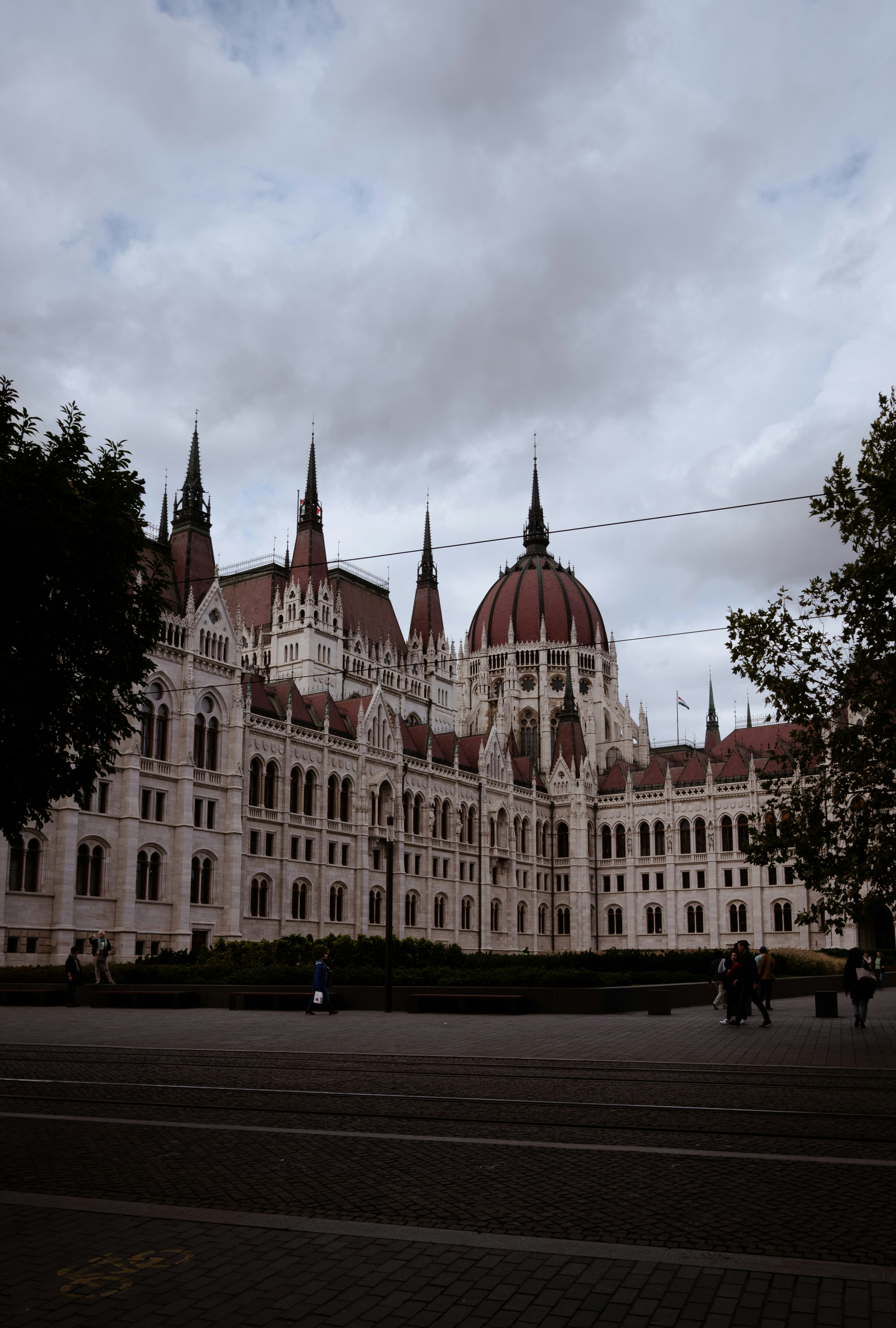 Elaborate Gothic architecture of the Hungarian Parliament building under a moody sky, framed by lush greenery.