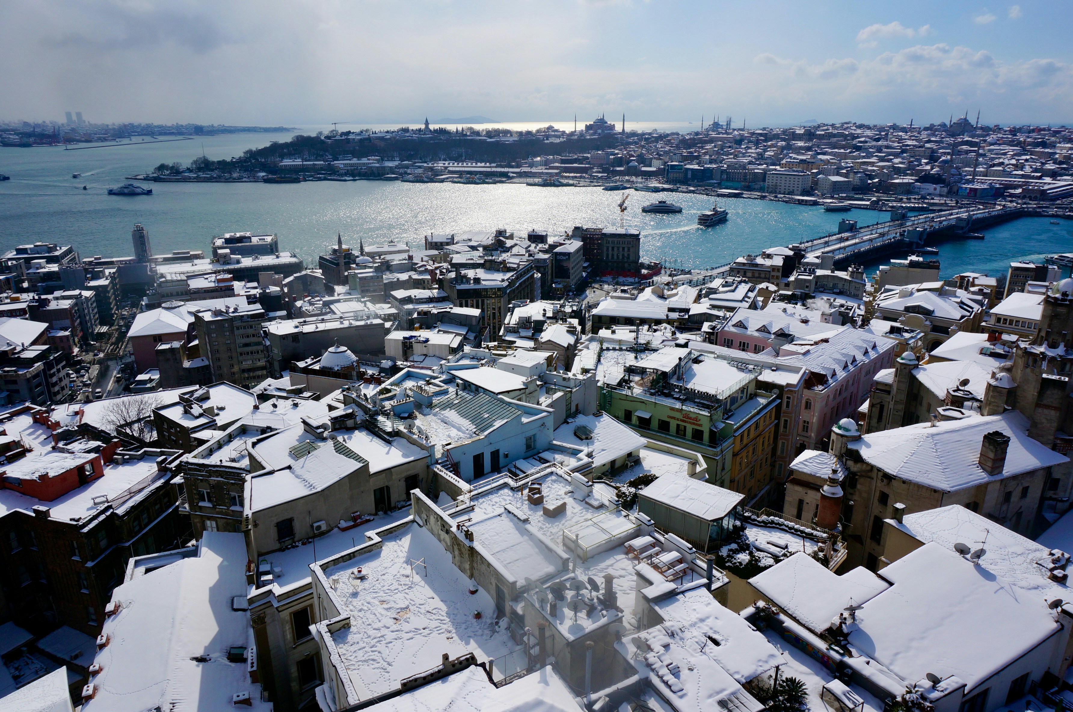 Snow-Capped Harbor Panorama Over a Historic Coastal Quarter