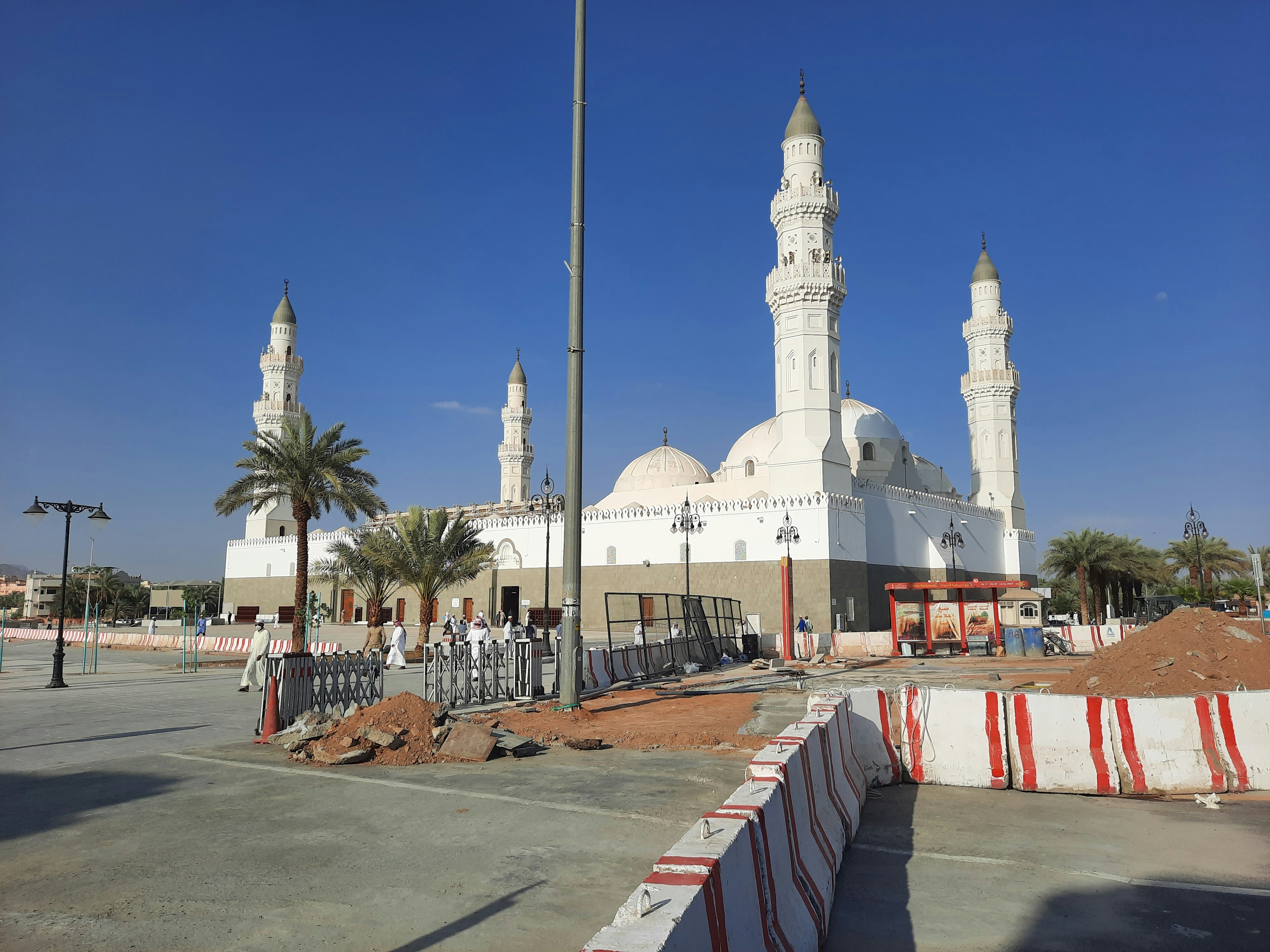 a large white building sitting next to a palm tree