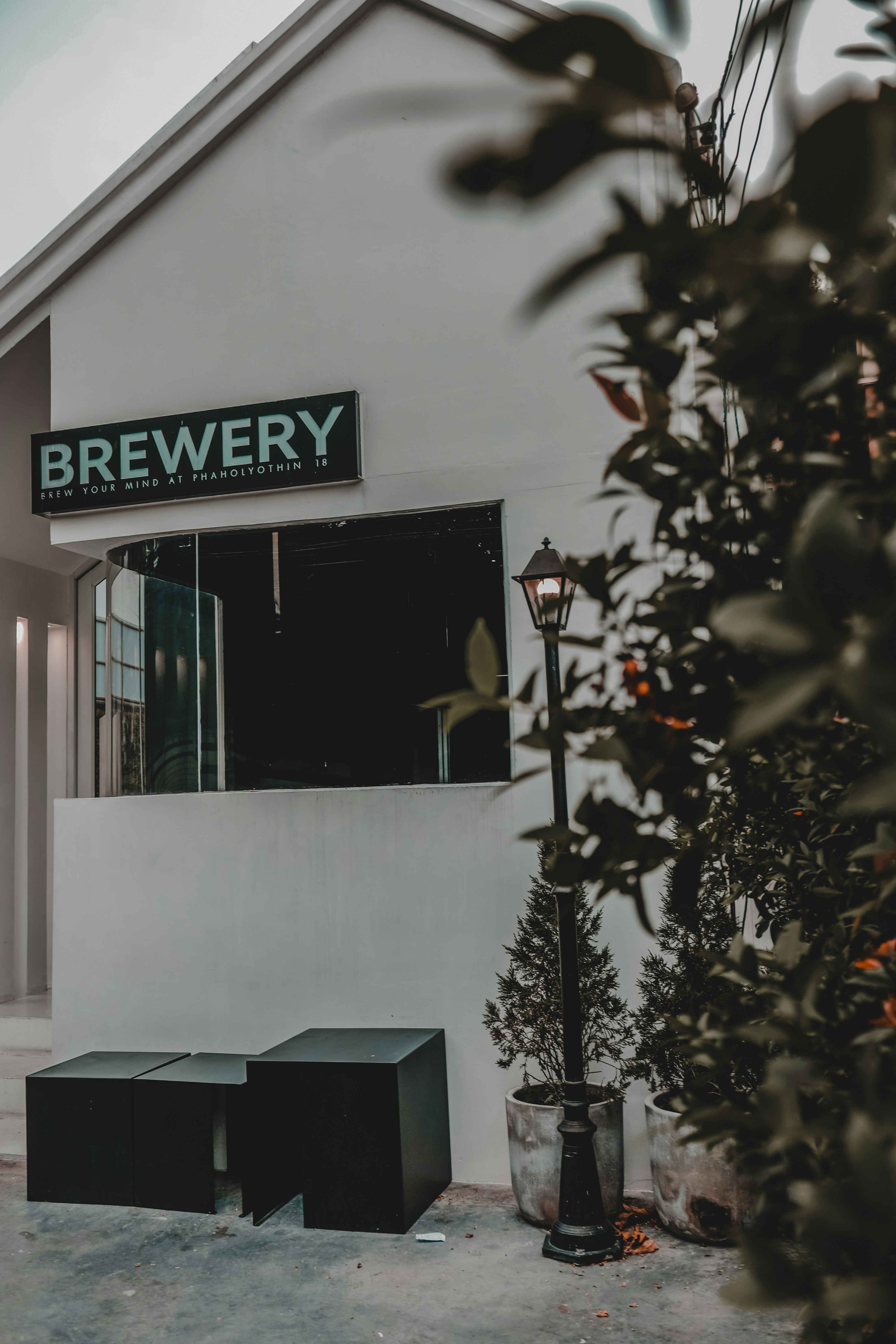 Amber Signage at a Quiet Modern Brewery Front
