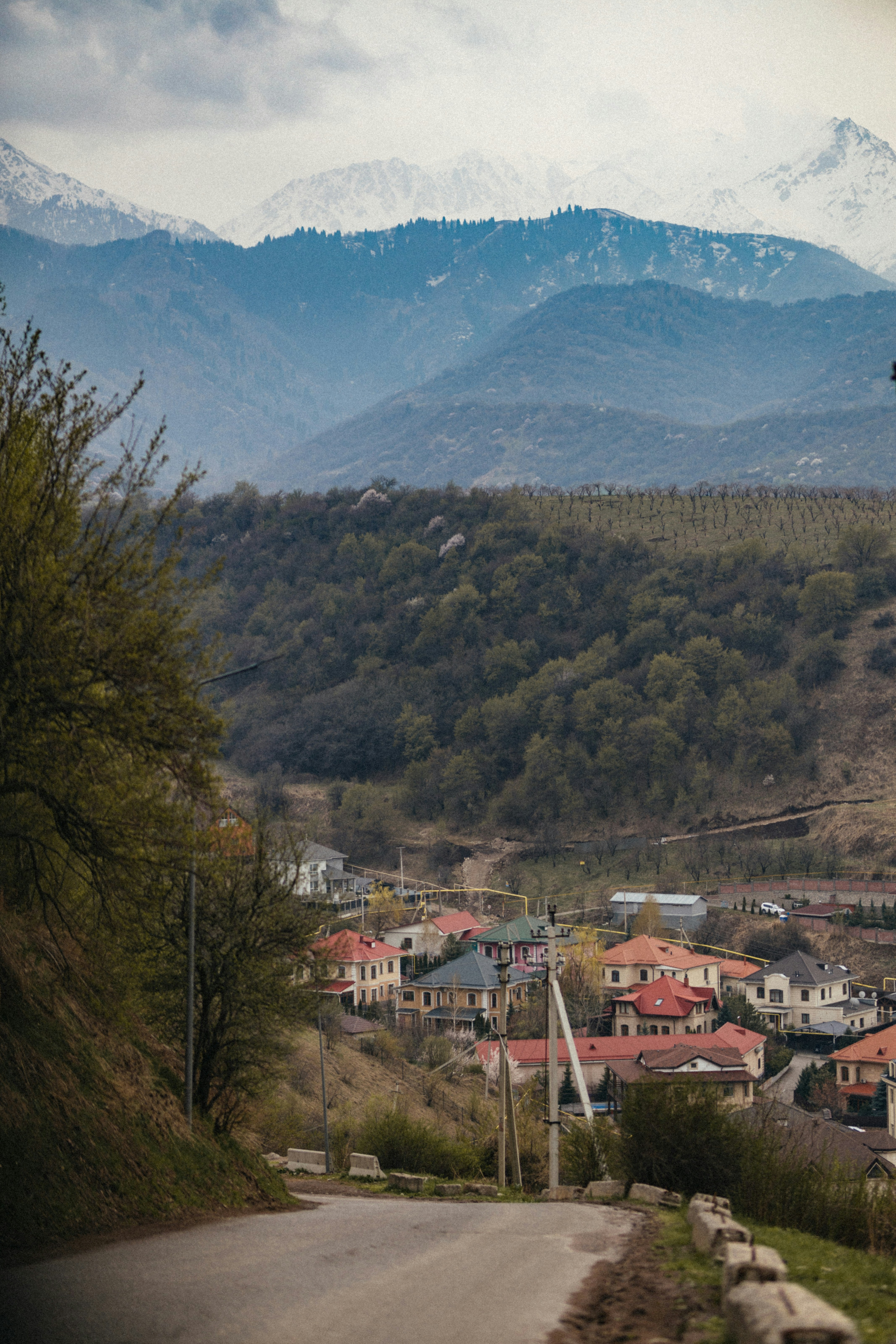 Winding Lane Toward a Snow-Dusted Valley Village