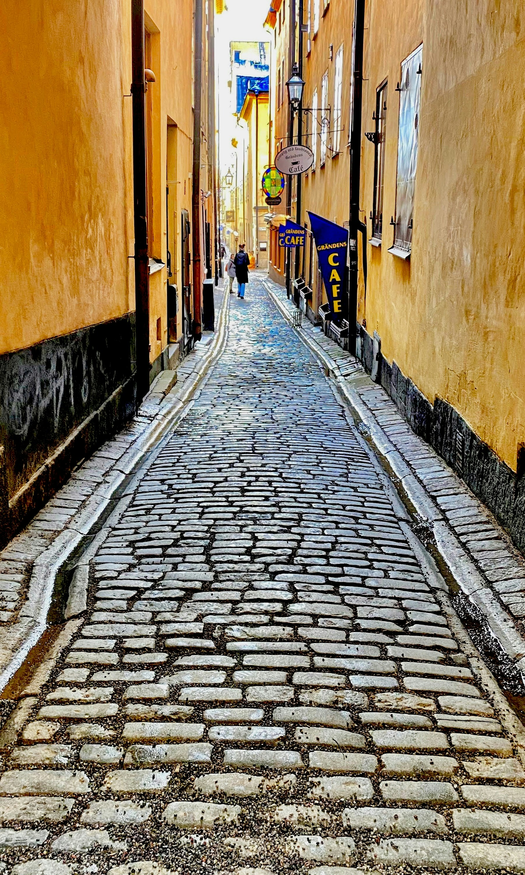 Narrow Cobbled Lane Between Golden Facades