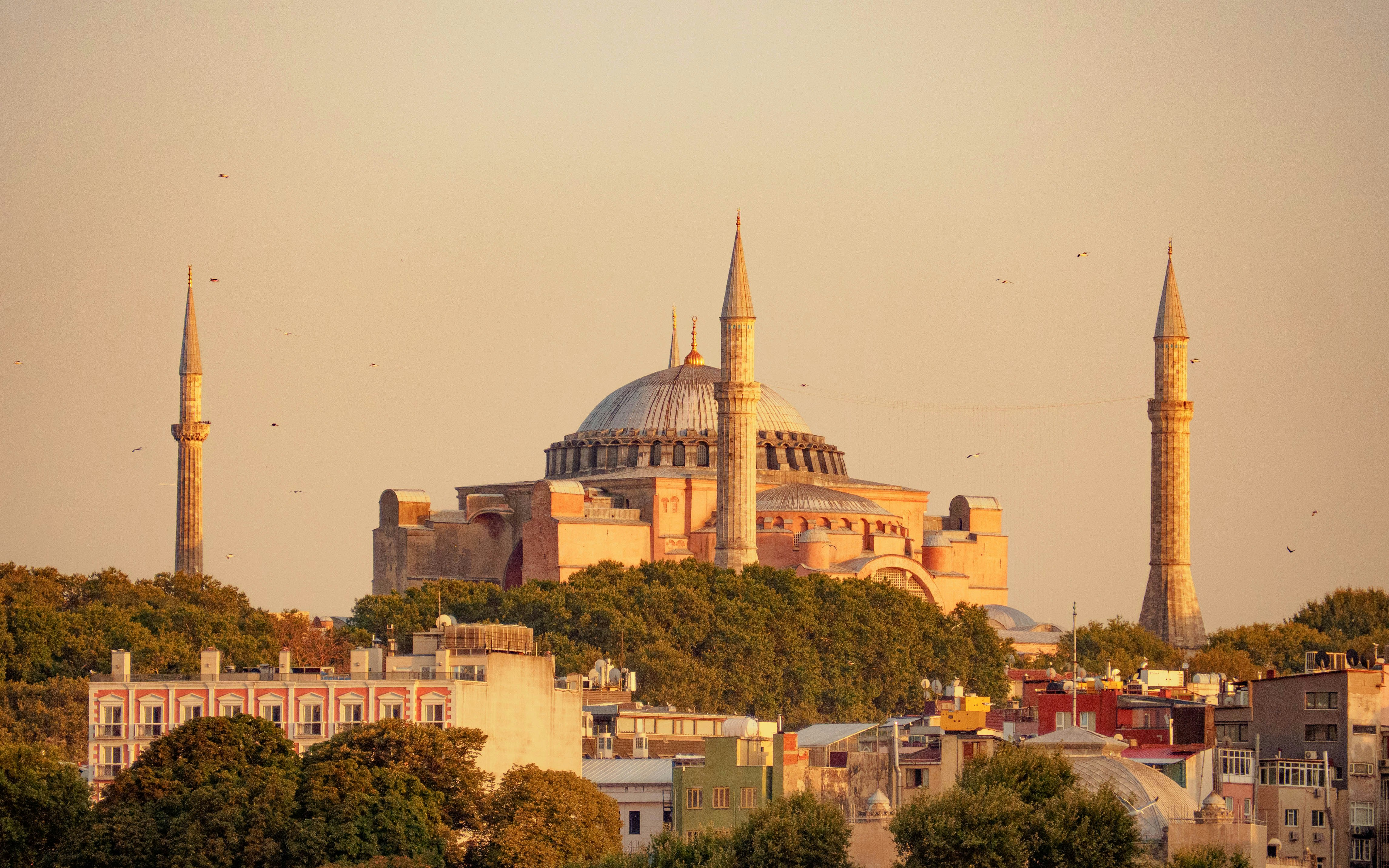Hagia Sophia in the Golden Hour: Istanbul's domed centerpiece framed by four minarets