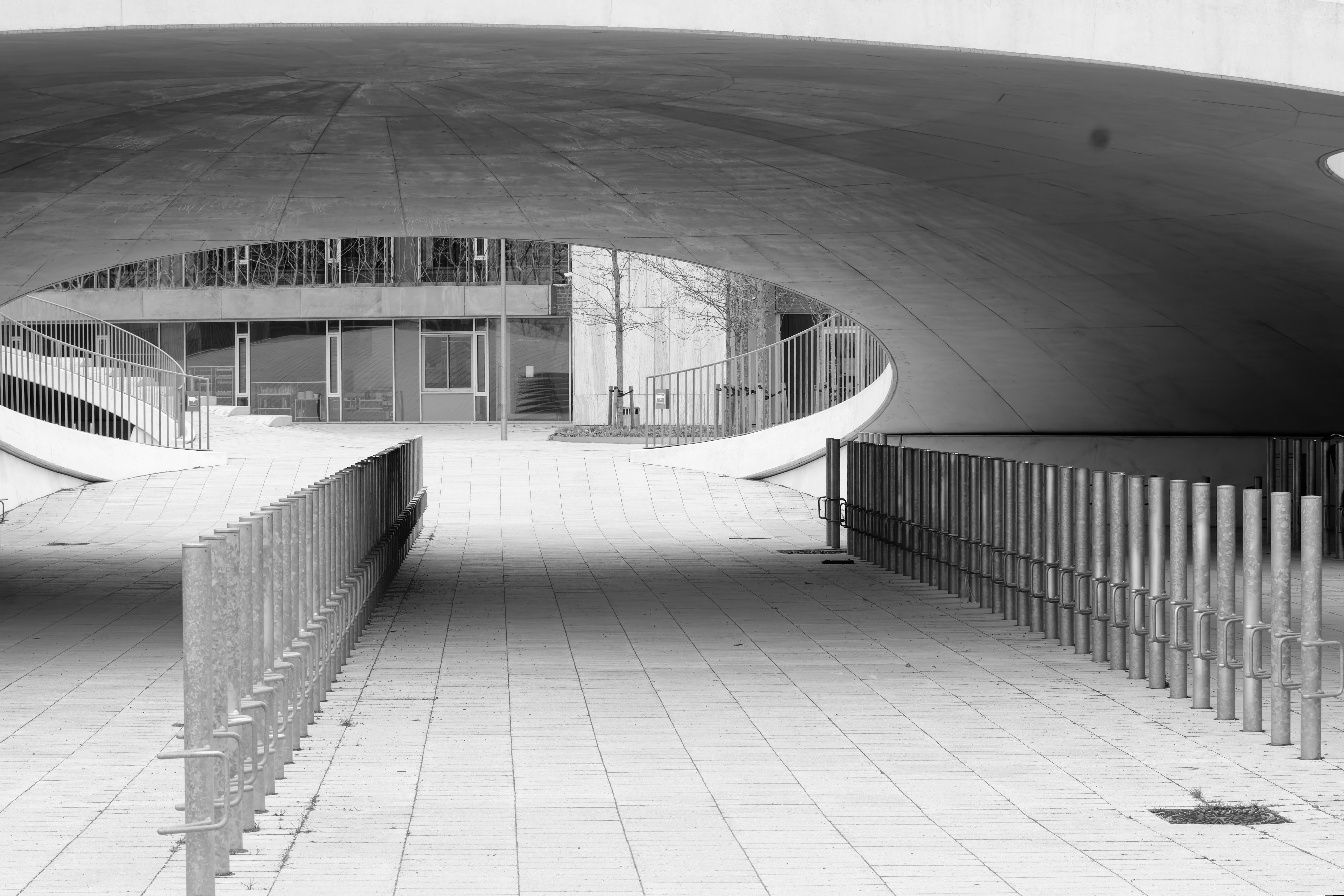 Curved architectural structure framing a pathway, emphasizing lines and forms in a black and white setting.