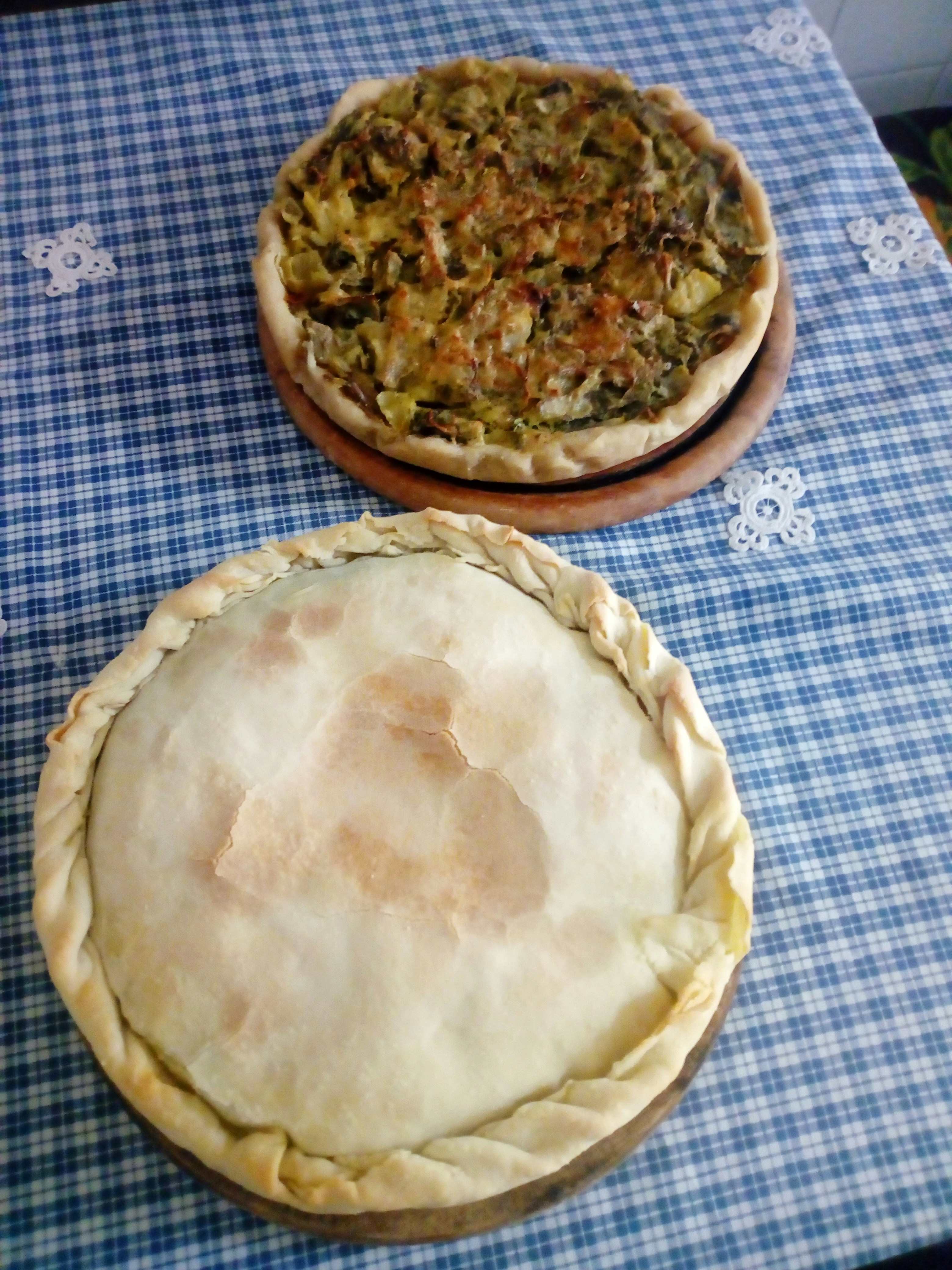 Two homemade pies resting on a blue checkered tablecloth, showcasing a savory filling and a golden crust. The top pie features a rich vegetable topping.