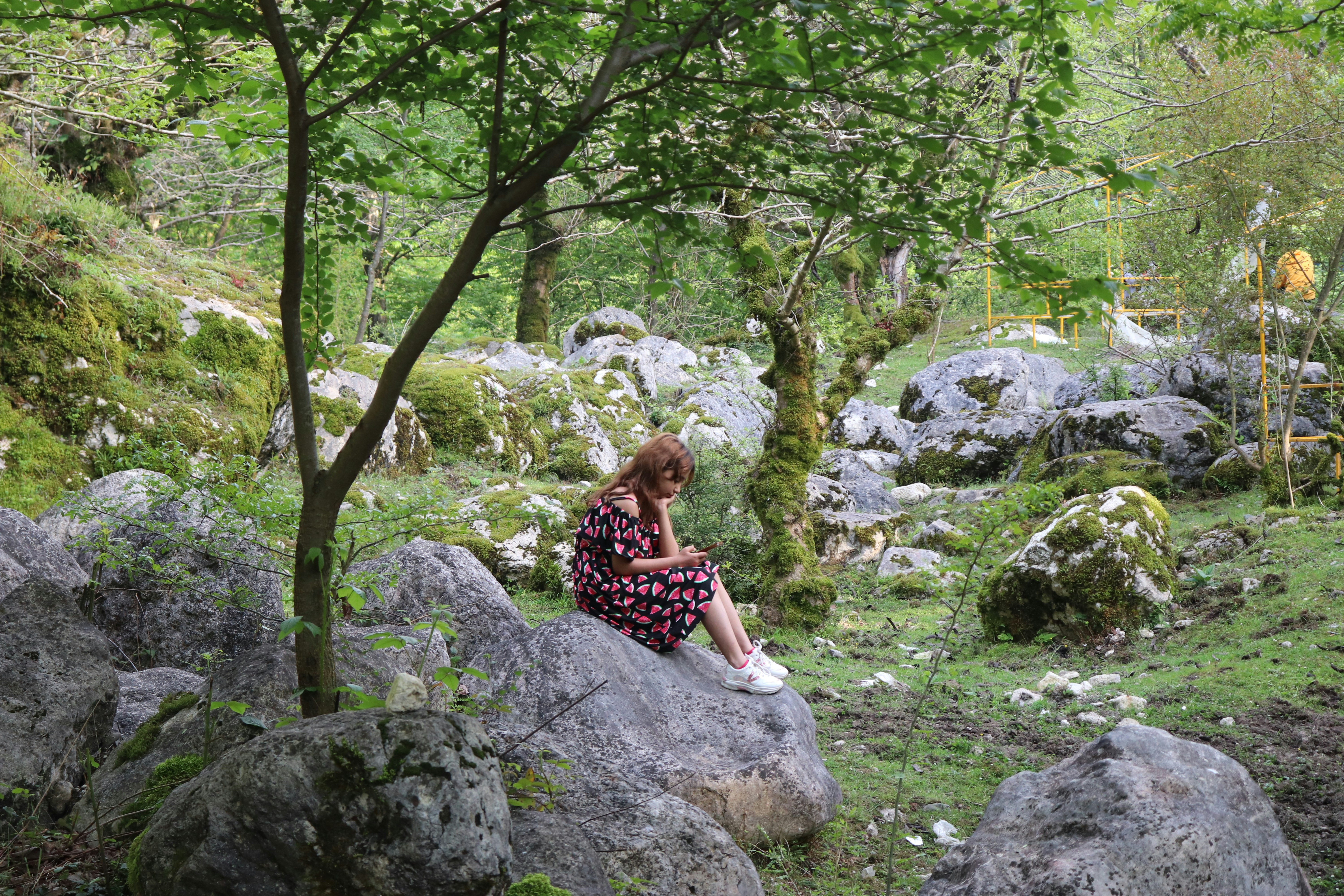 a woman sitting on a rock in the woods