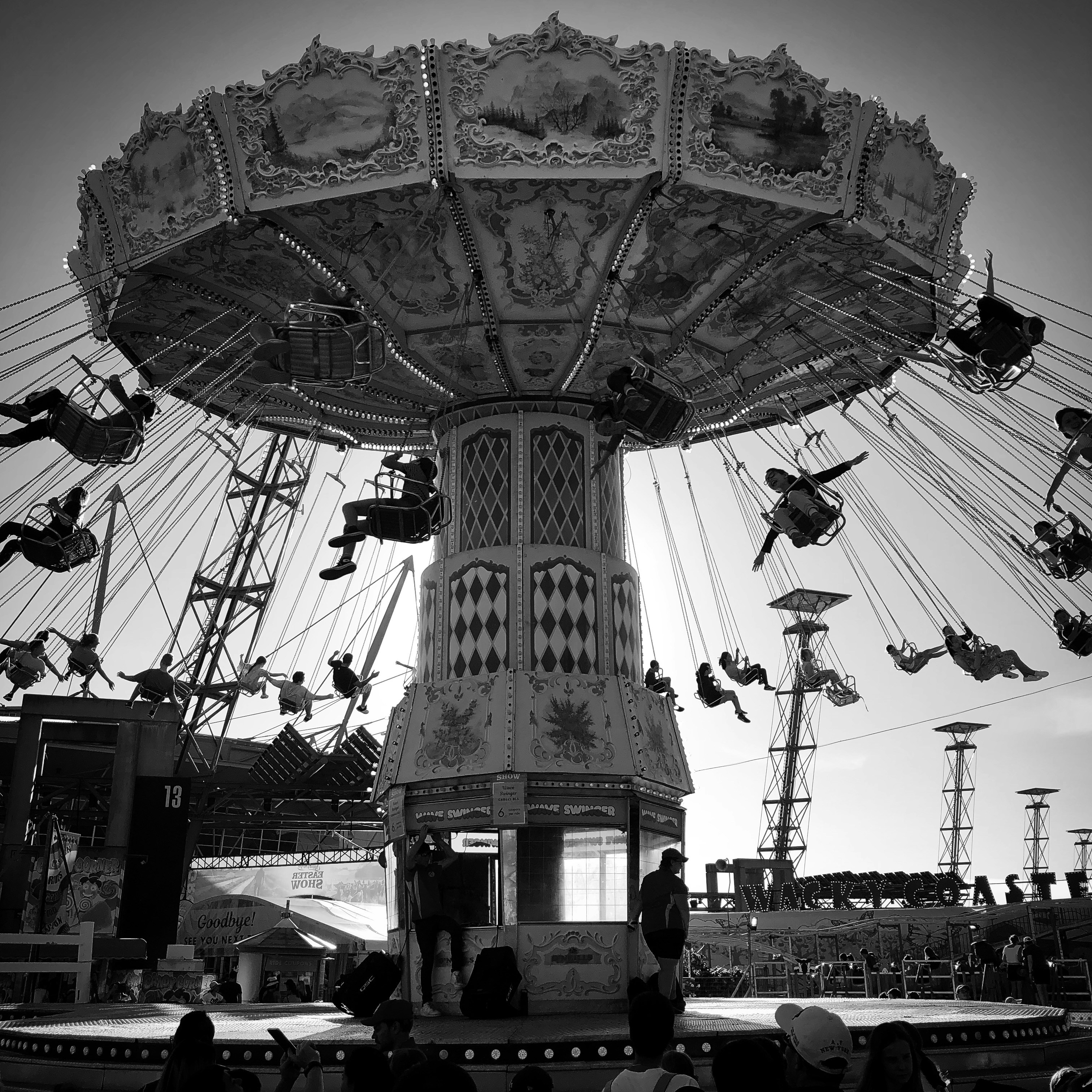 Ornate Carousel in Monochrome: Spinning Silence Around a Central Spindle