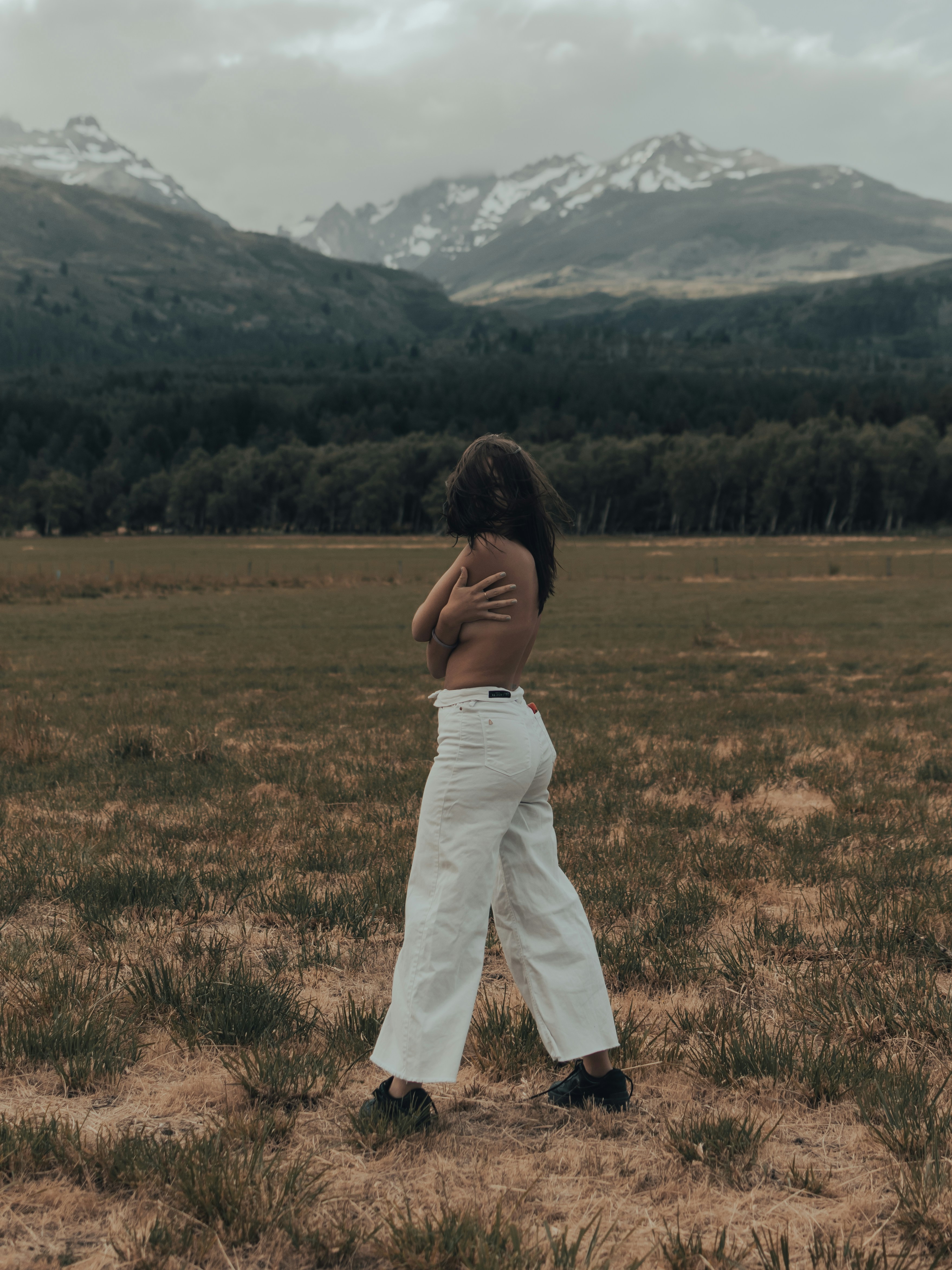A figure stands in a vast landscape, partially turned away, surrounded by mountains and open fields. The scene reflects a moment of introspection amidst nature's grandeur.