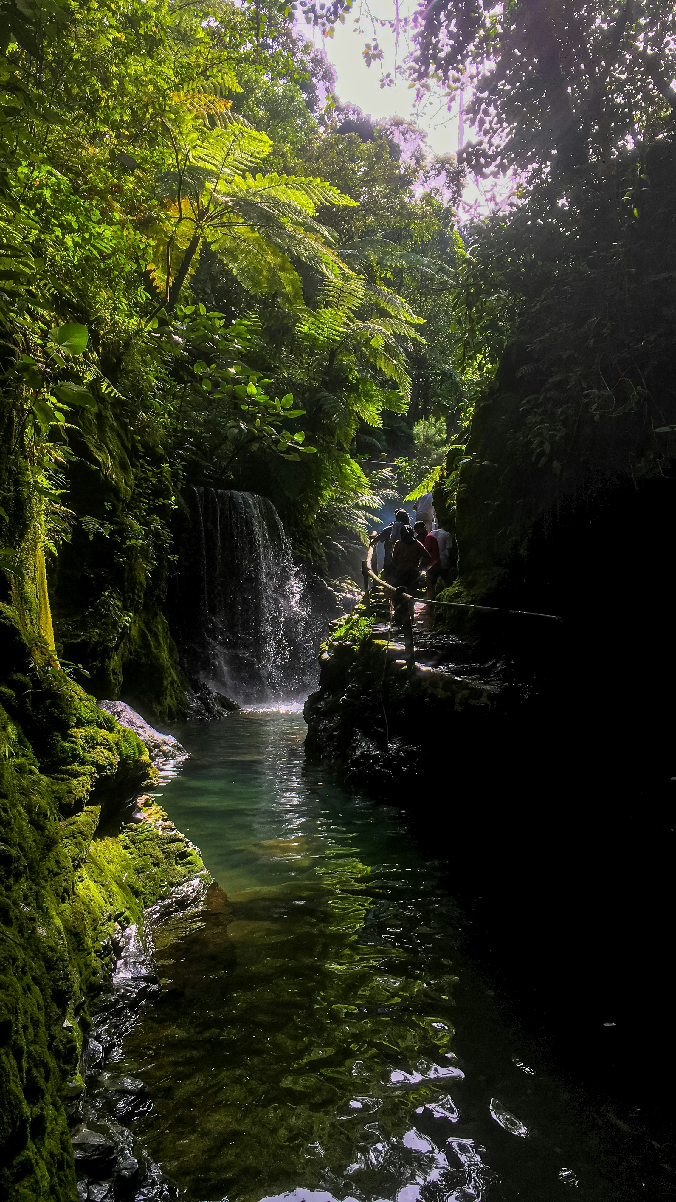 A tranquil waterfall nestled between lush greenery, with visitors exploring the serene waters. The scene captures the essence of nature's beauty.
