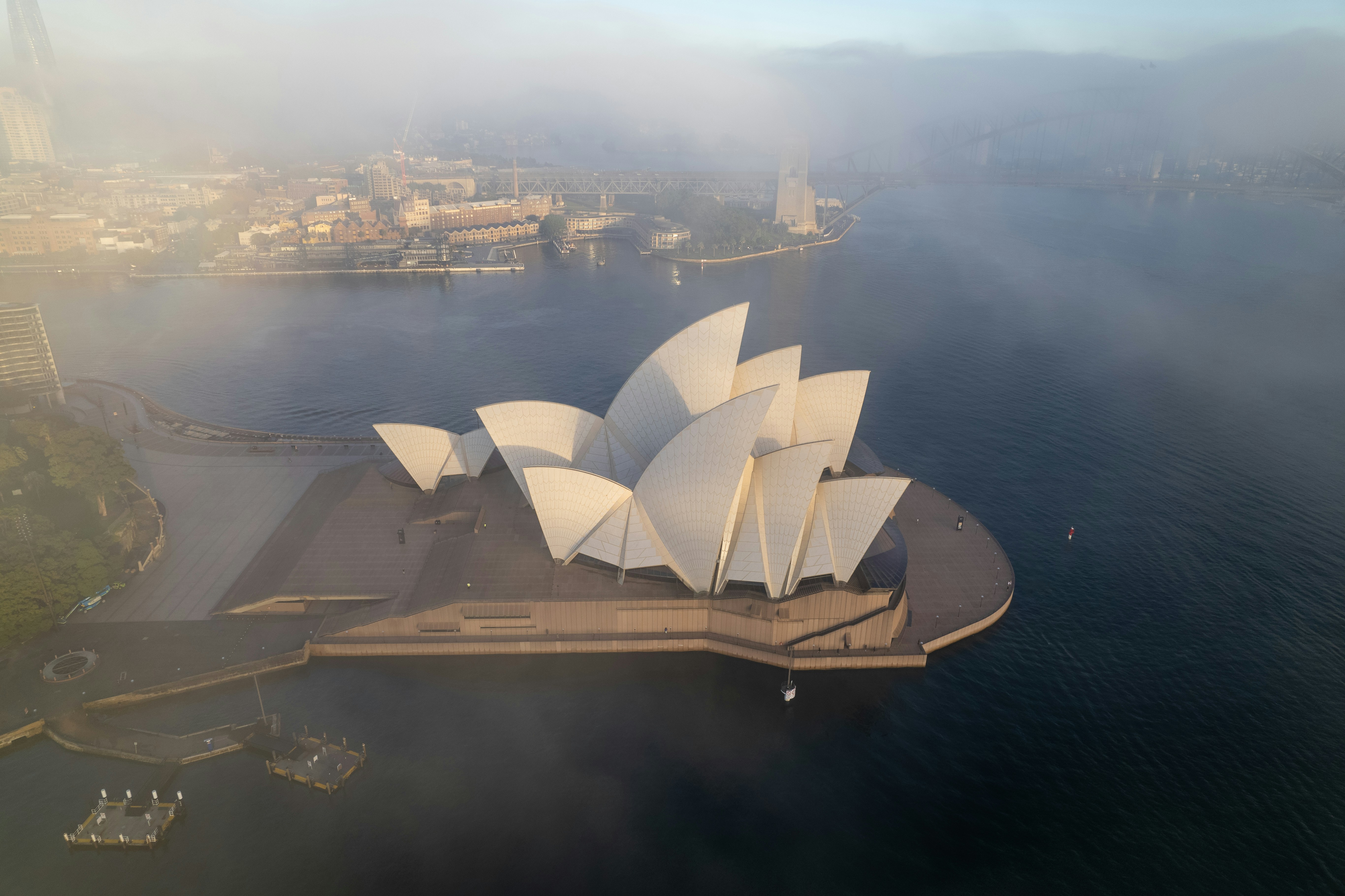 Mist-Draped Sails: A Drone View of Sydney Opera House