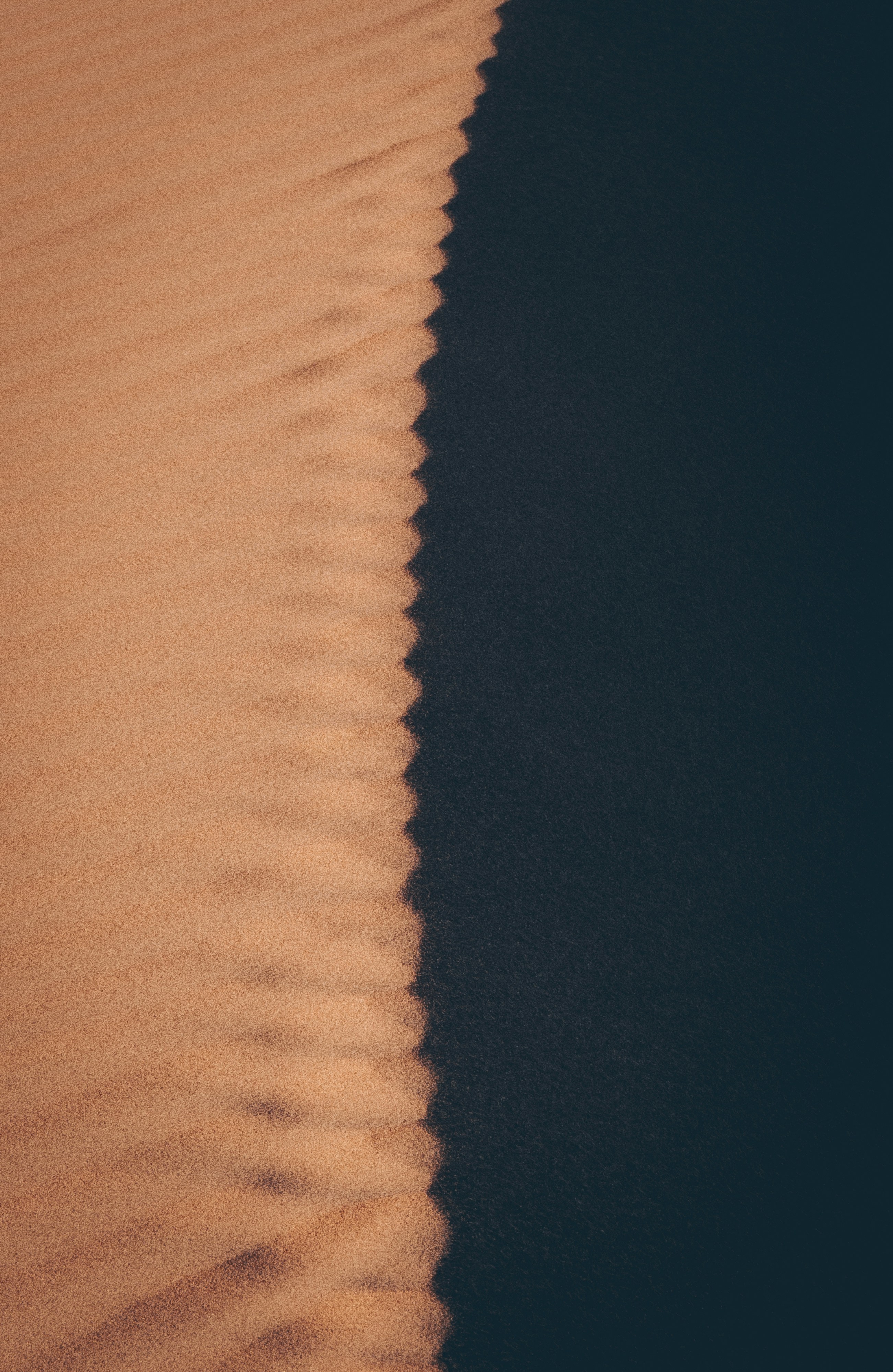 Contrasting textures of sand dunes, with a smooth golden surface transitioning into a dark shadowy area. A striking visual representation of light and shadow interplay.