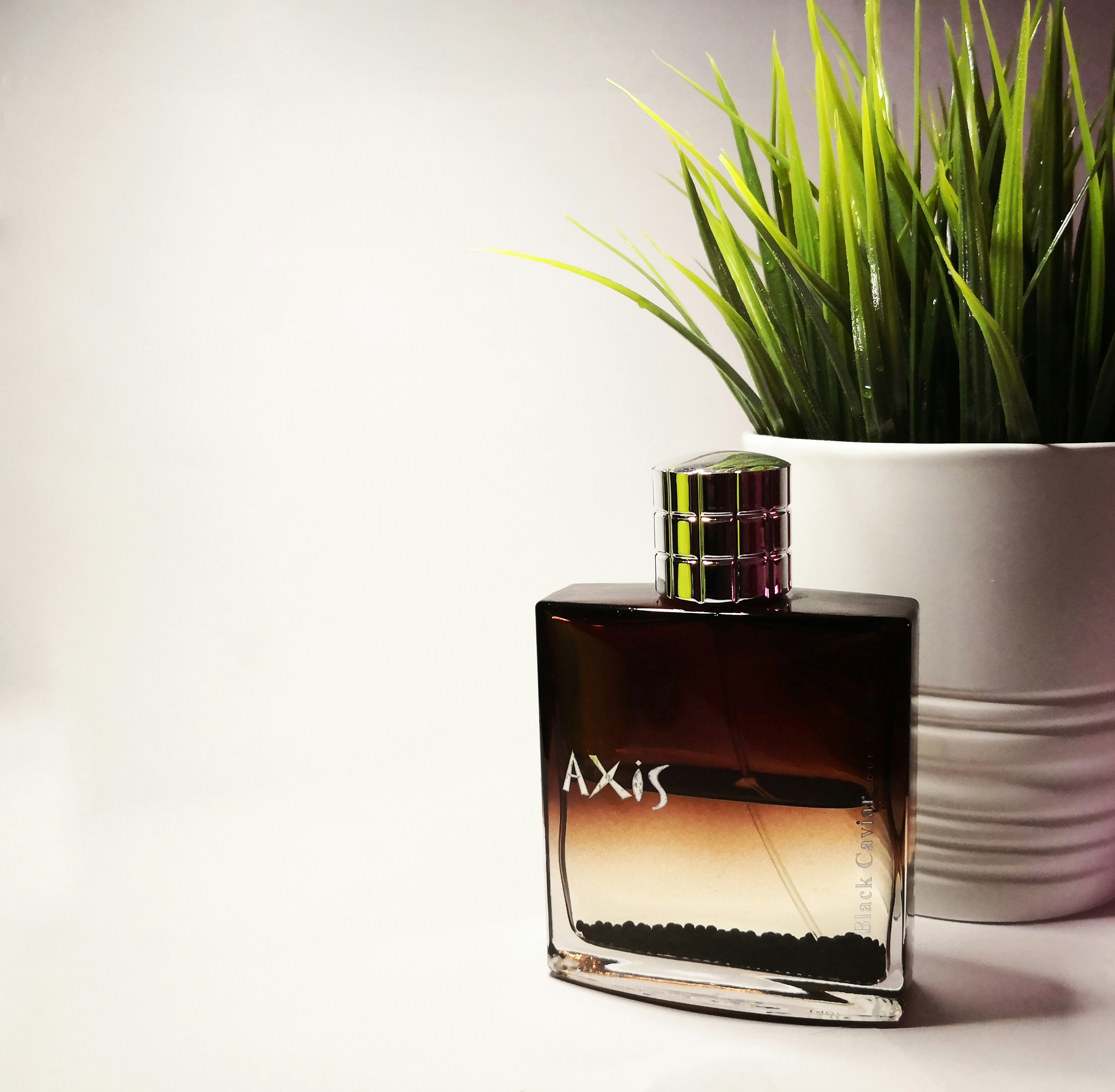 Elegant AXIS fragrance bottle showcased beside a vibrant green plant in a minimalist setting.
