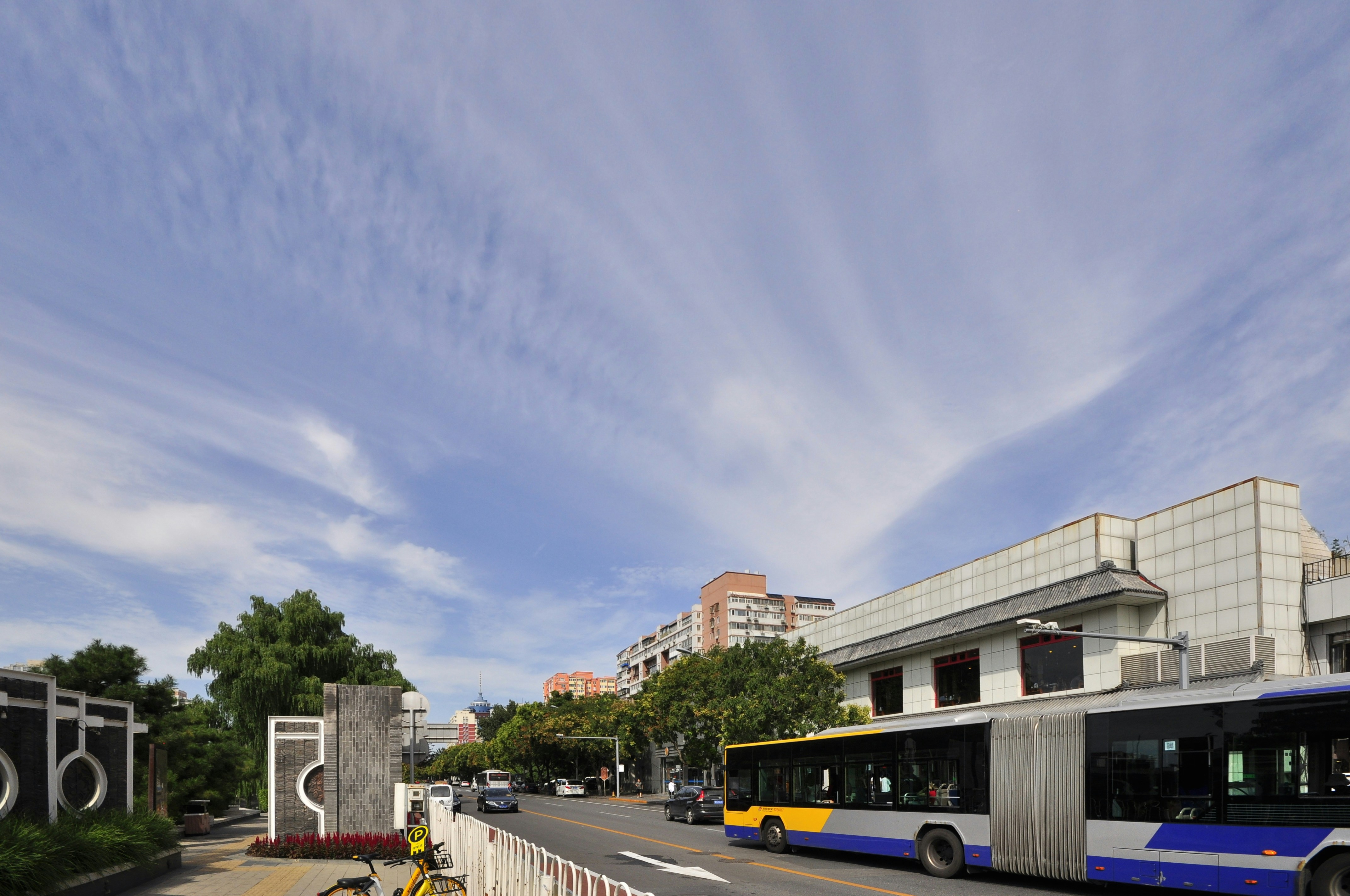 Cirrus Ribbon Over a City Bus