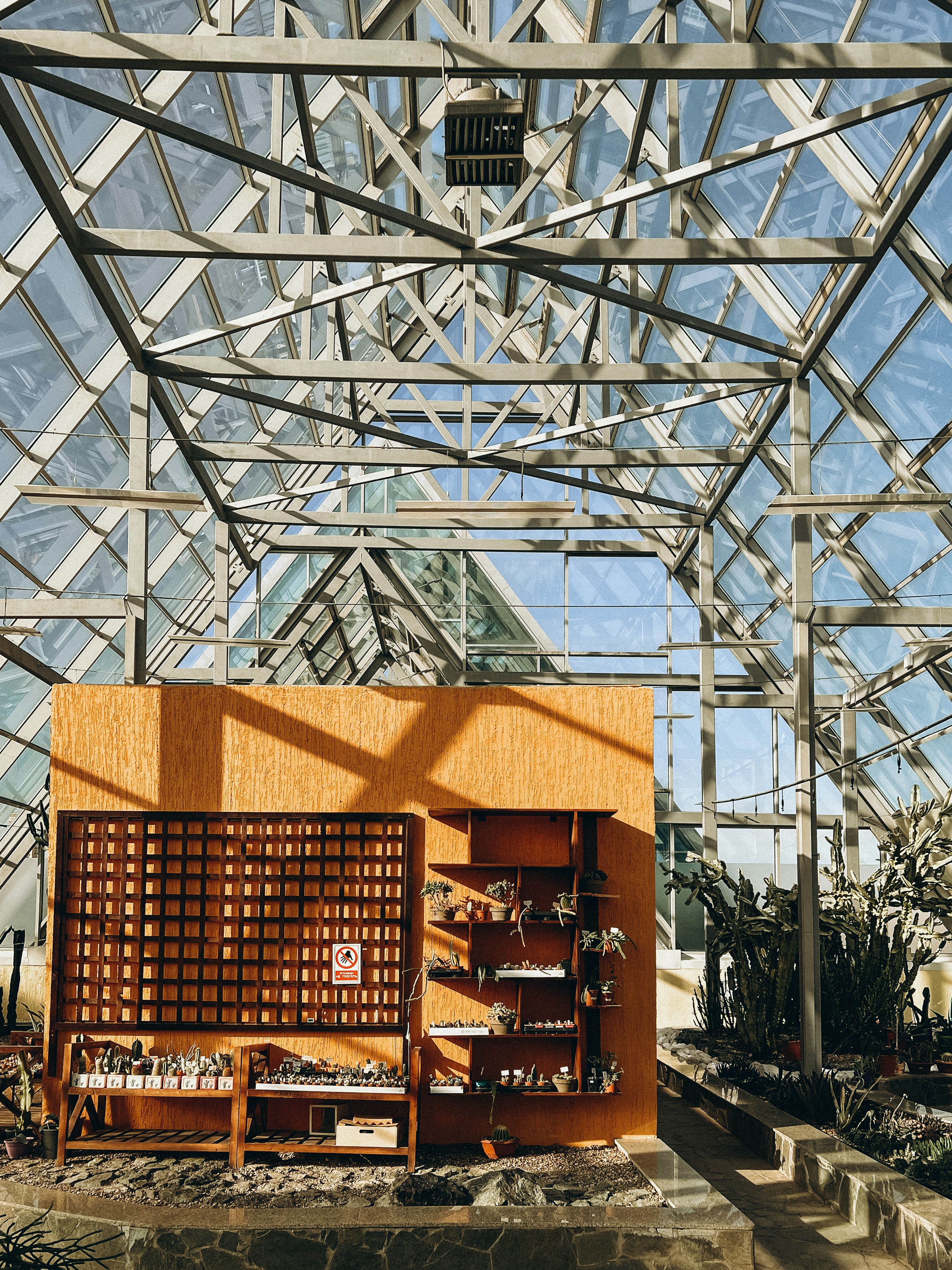 Geometric Conservatory: Sunlit Wood Display in a Glass Helix
