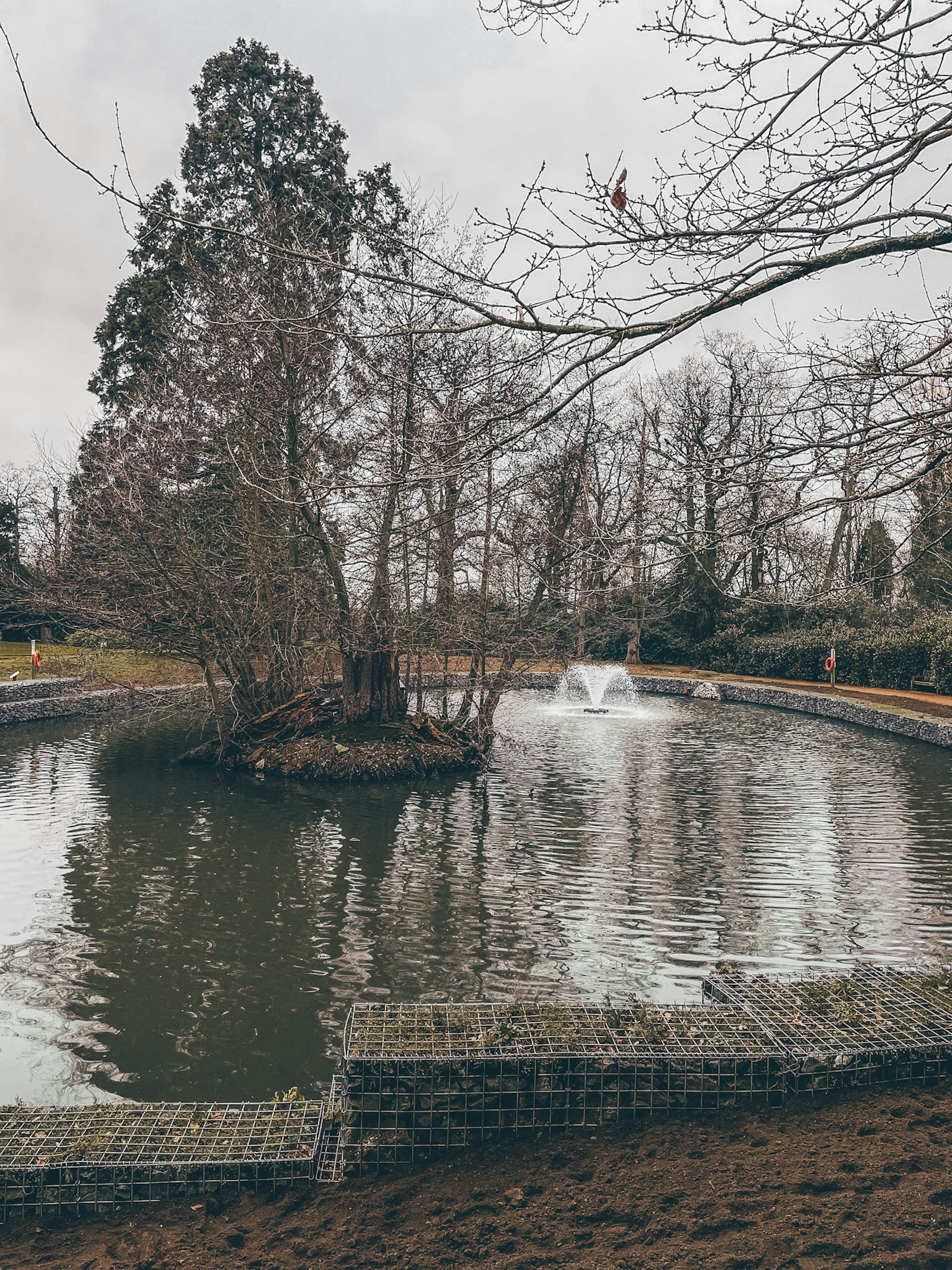 Winter Oasis: A Pebbled Pond with a Fountained Island