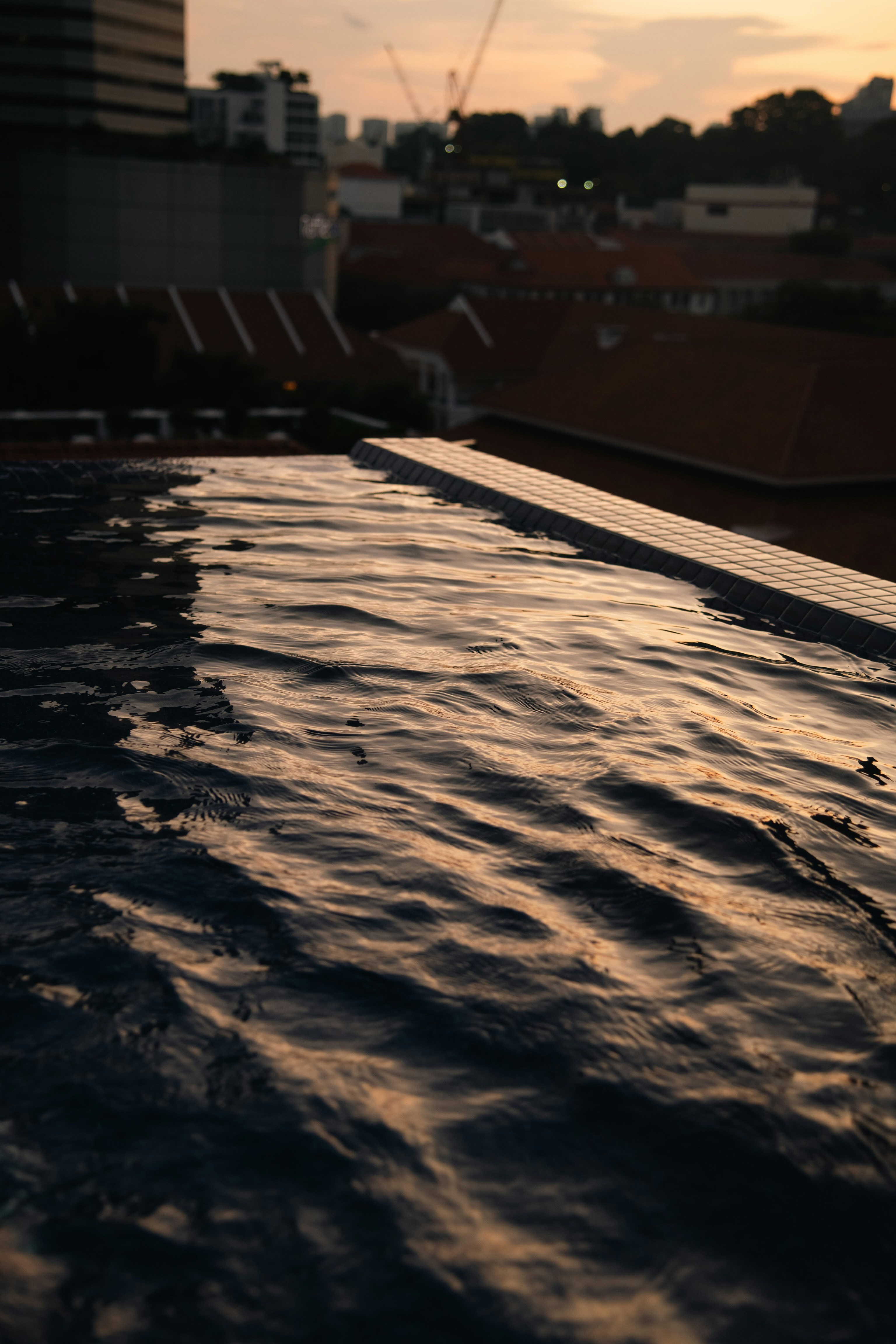Edge of Quiet Infinity: Sunset Ripples Along a Rooftop Pool