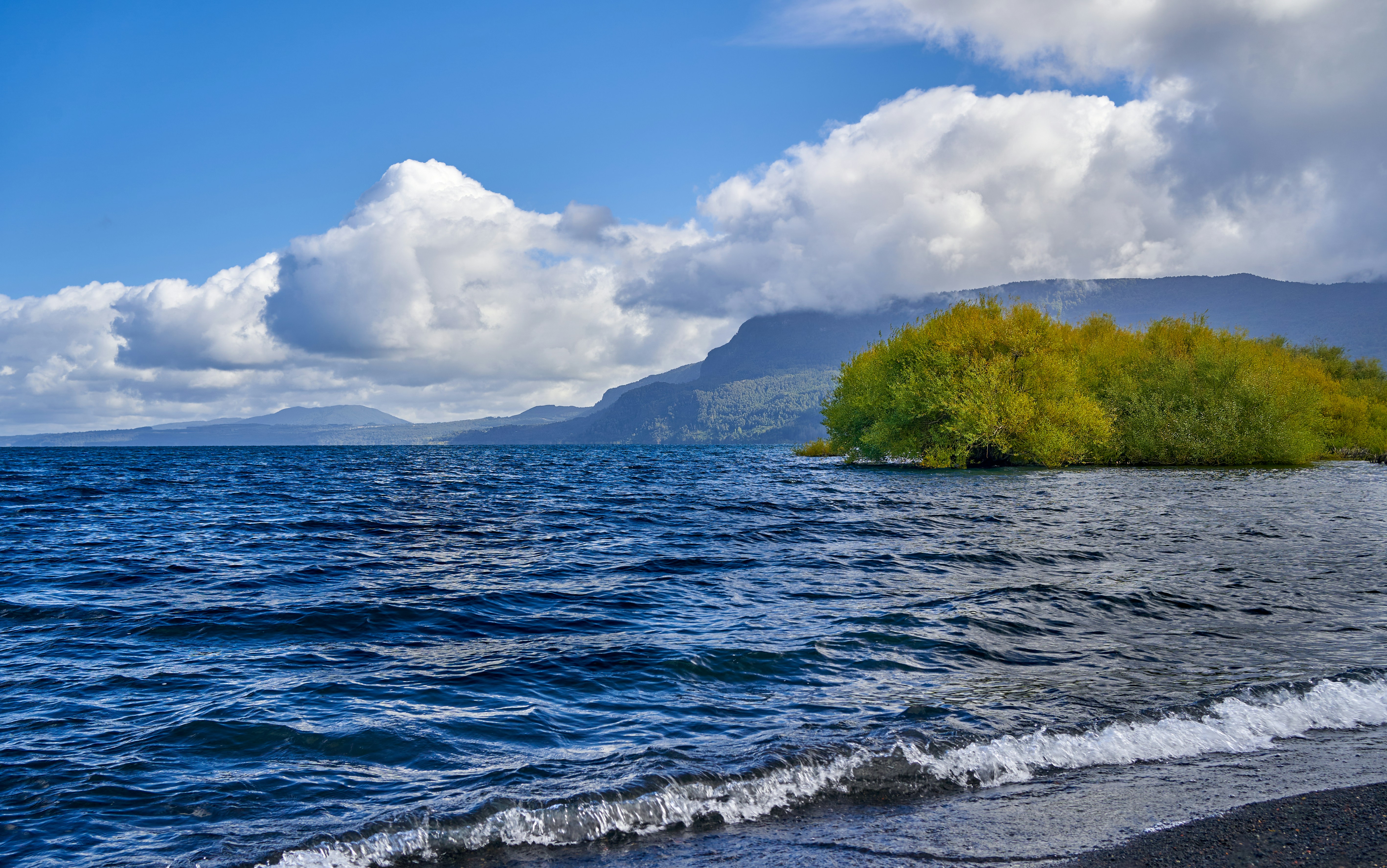a body of water with trees and mountains in the background