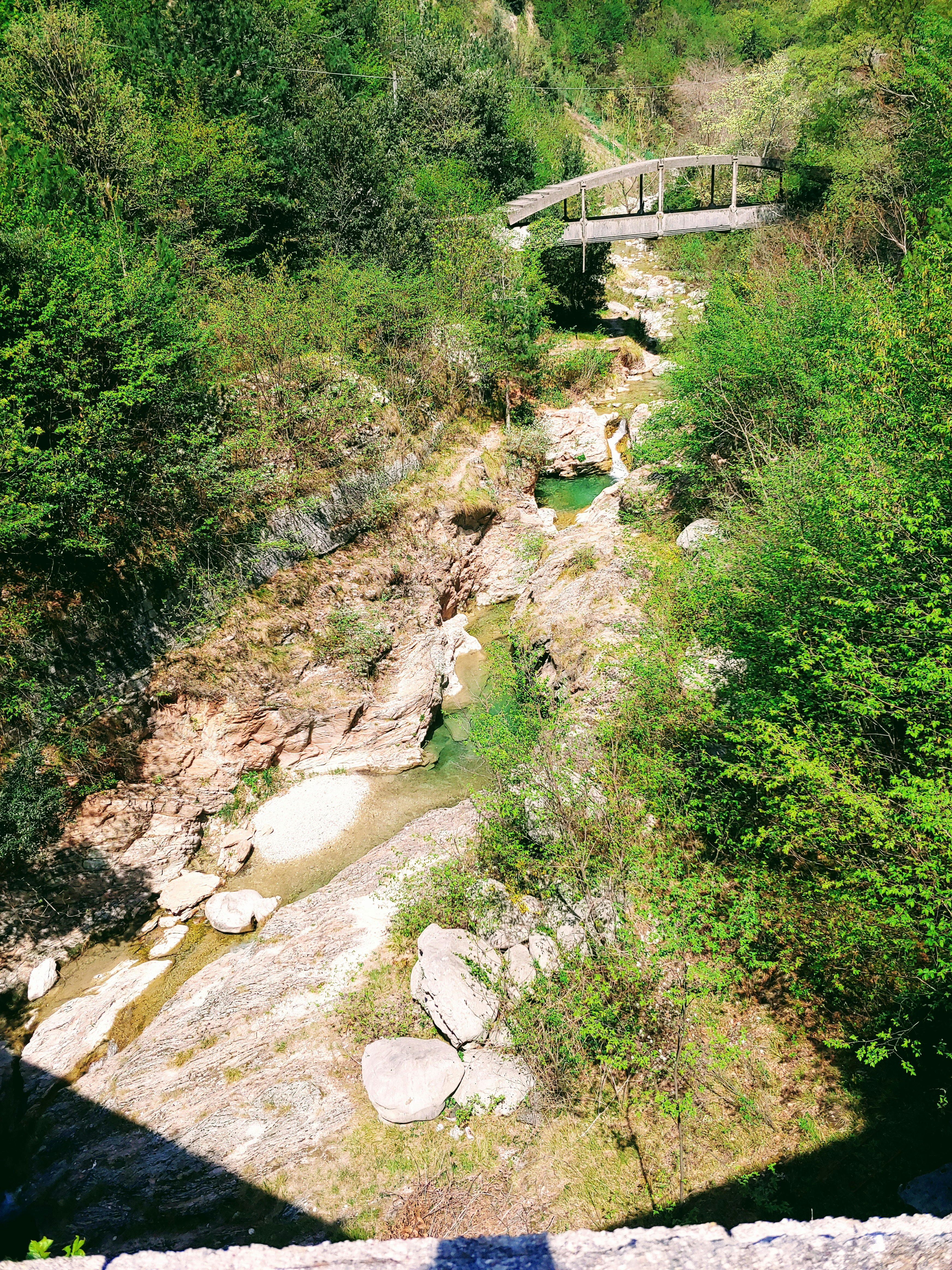 Aerial view of a forested gorge with a wooden bridge spanning a rocky, sunlit river. The scene emphasizes lush greenery framing a narrow watercourse.