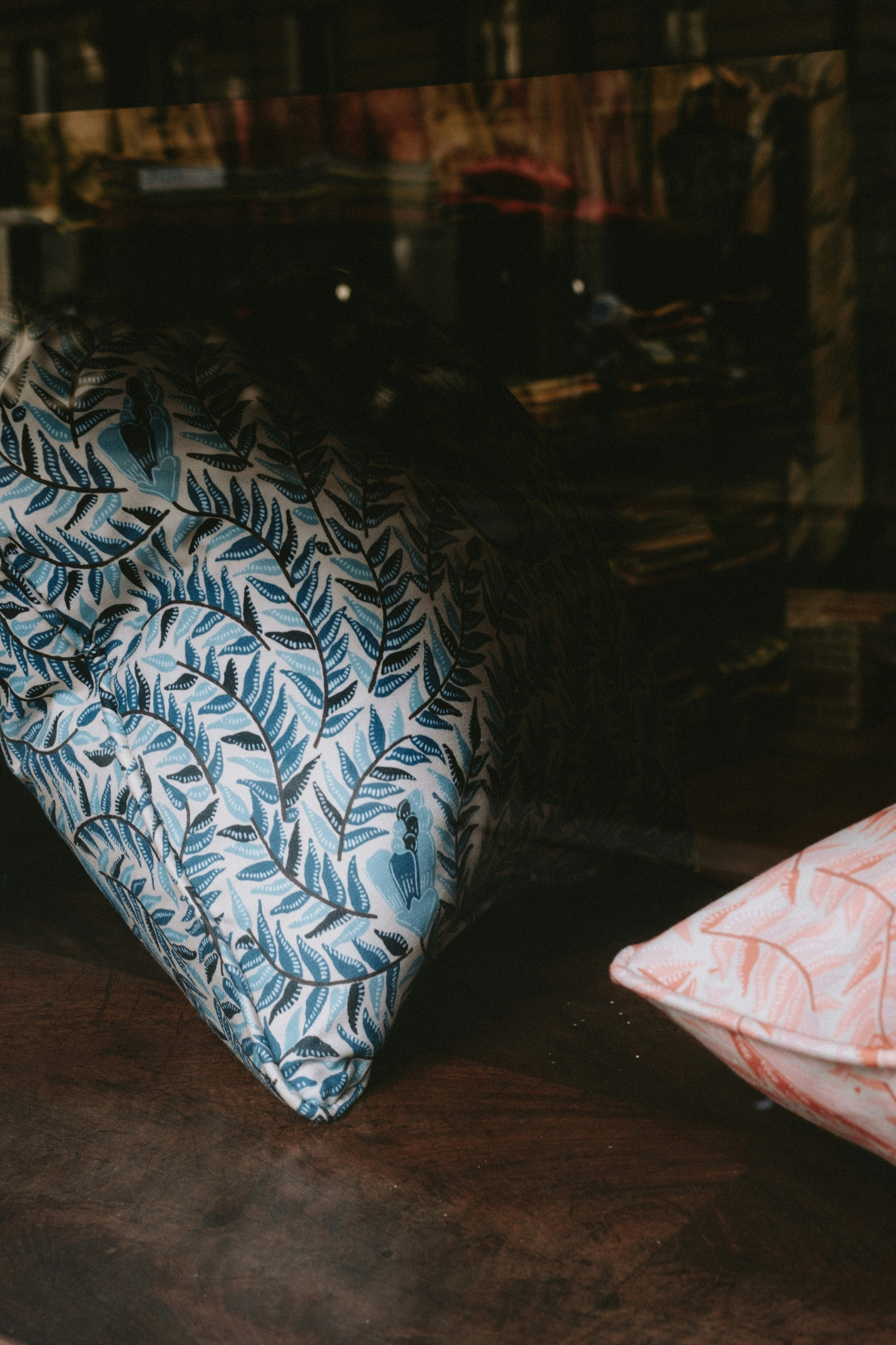 Blue Fern Pillow in a Shadowed Display Window