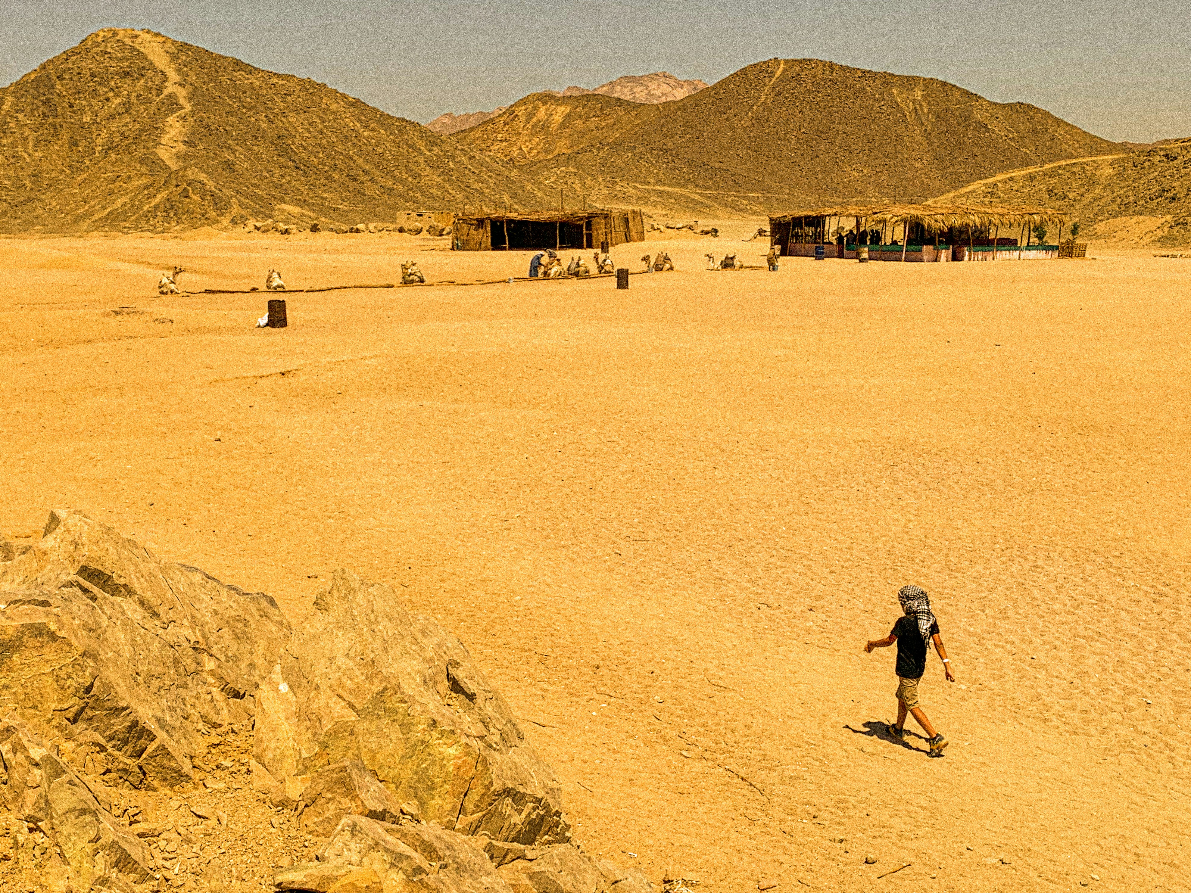 Golden Dune Passage: A lone traveler crosses a sunlit desert toward distant huts