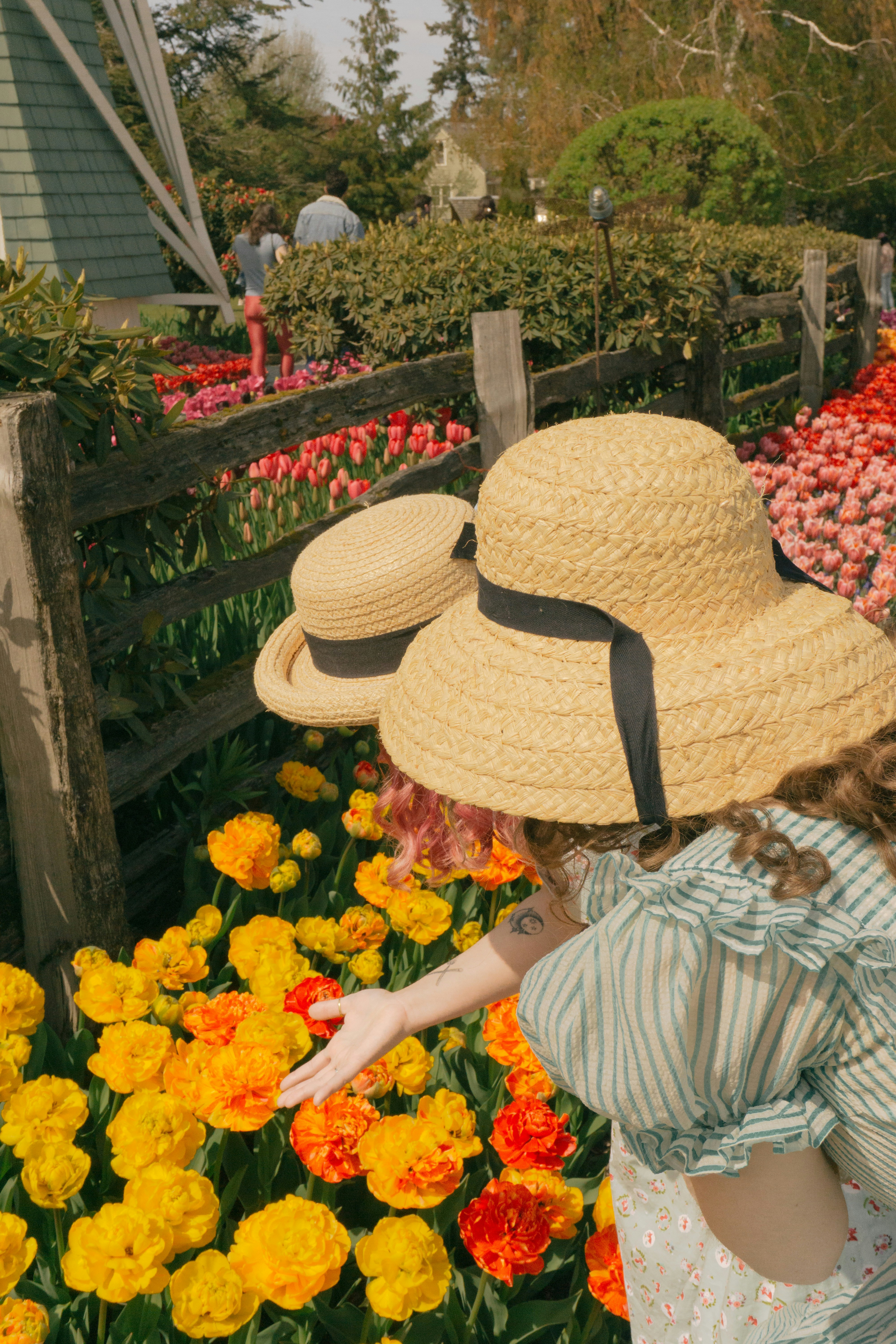 Sunlit Carousel of Tulips: A Pair in Straw Hats Discovering Color