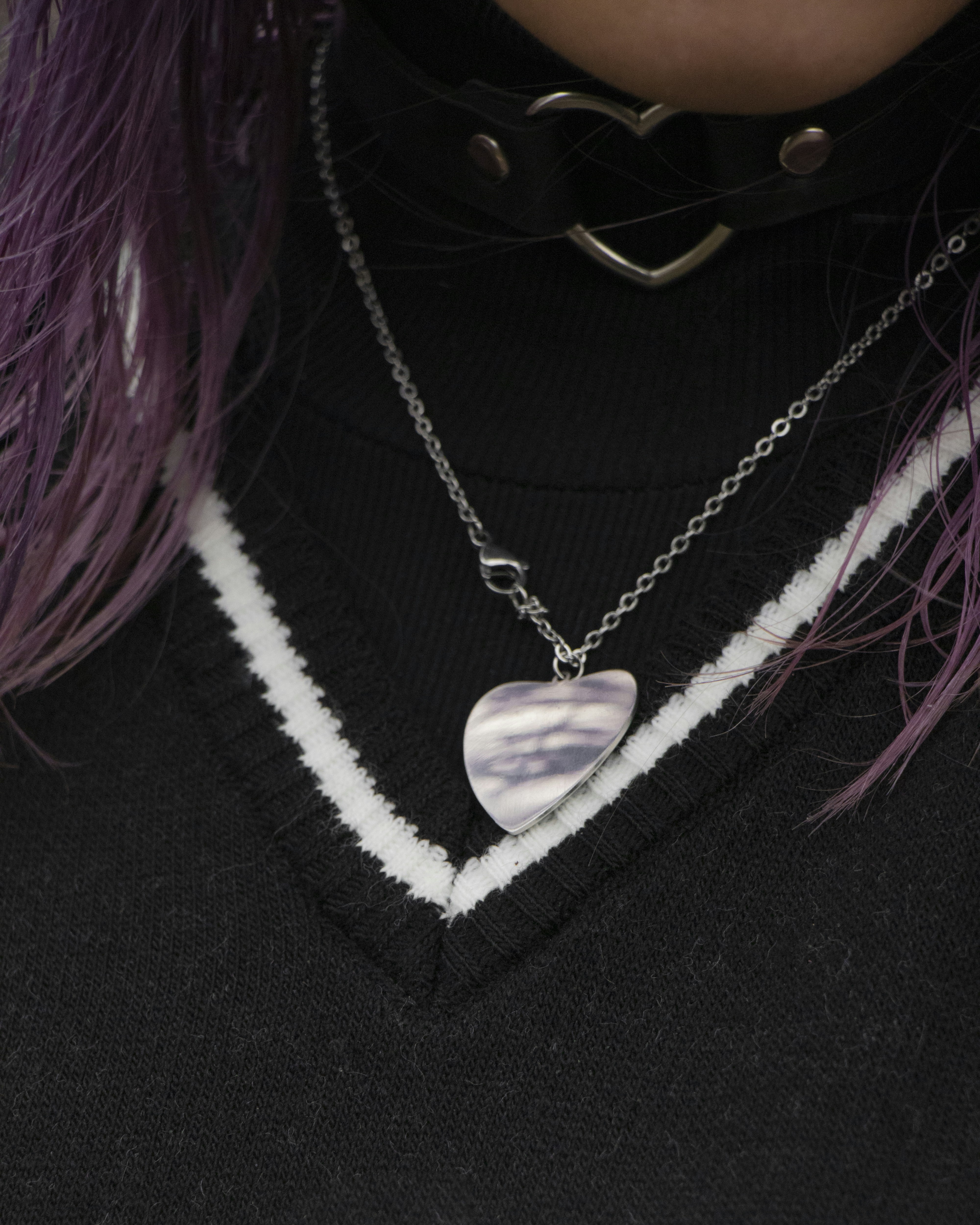 Heart Pendant on Black Knit: A Quiet Portrait with Violet Hair