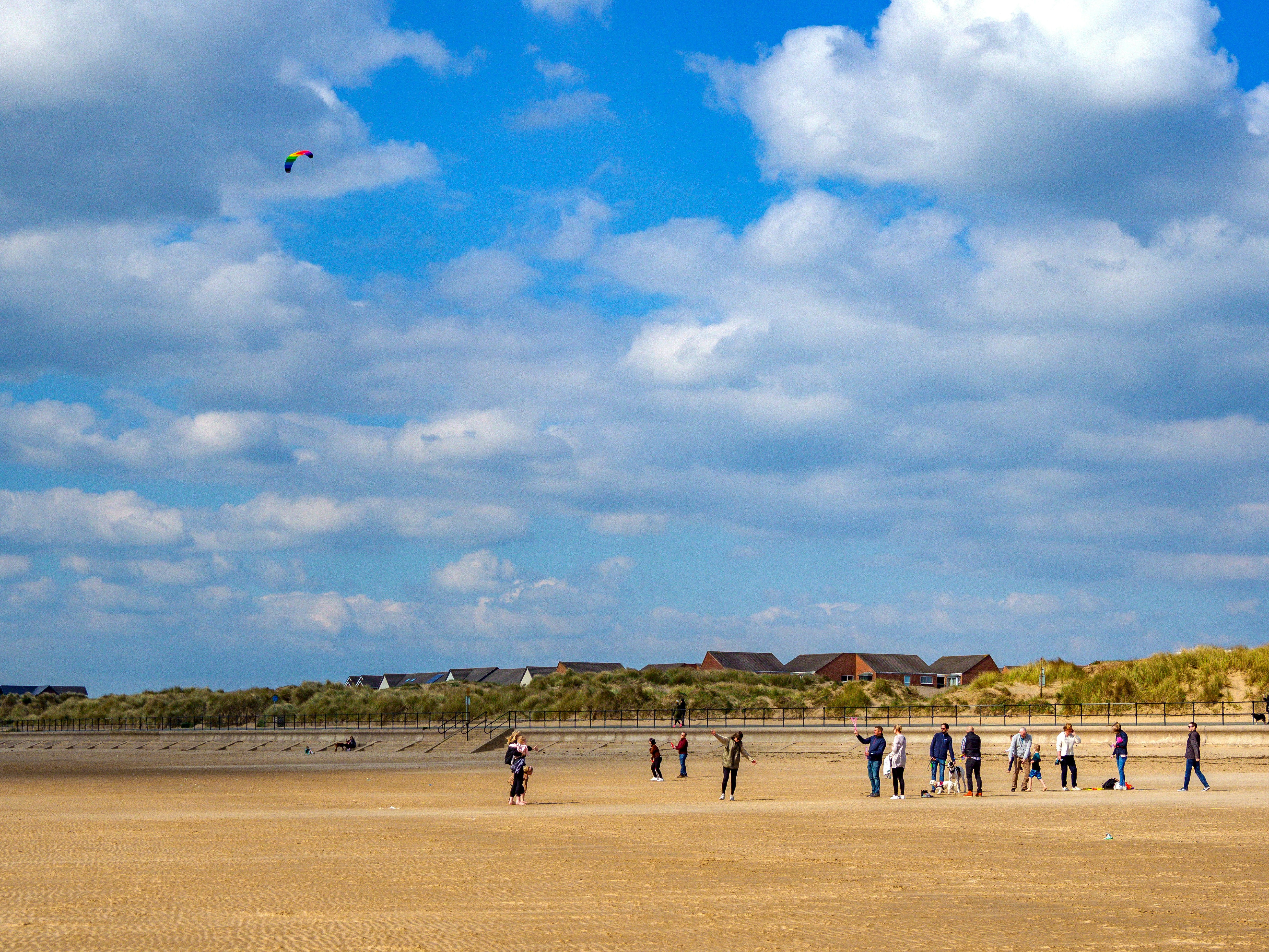 Foto zum Thema Eine Gruppe von Leuten, die Drachen am Strand steigen ...