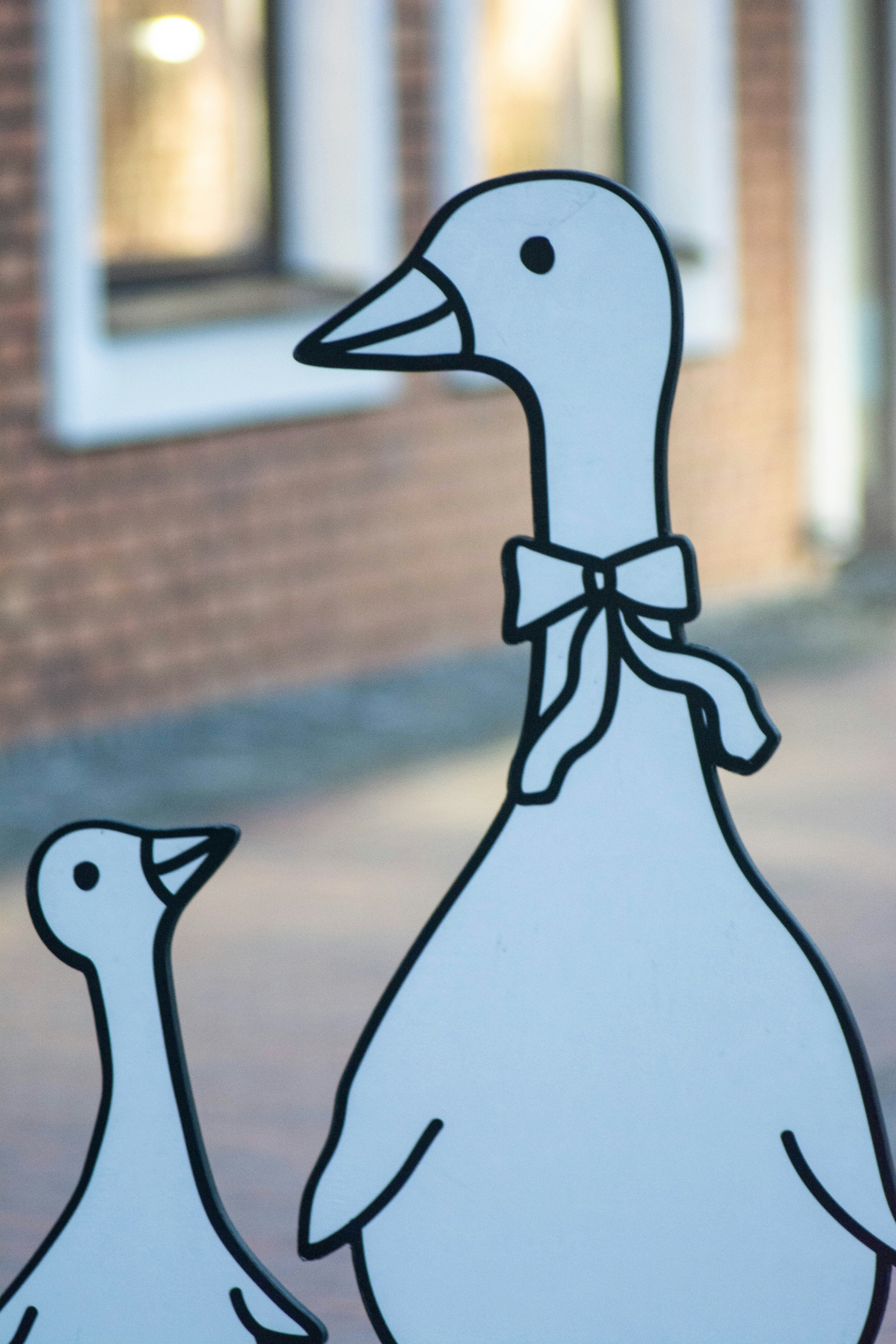 Bow-Tied Duck Duo on a City Sidewalk
