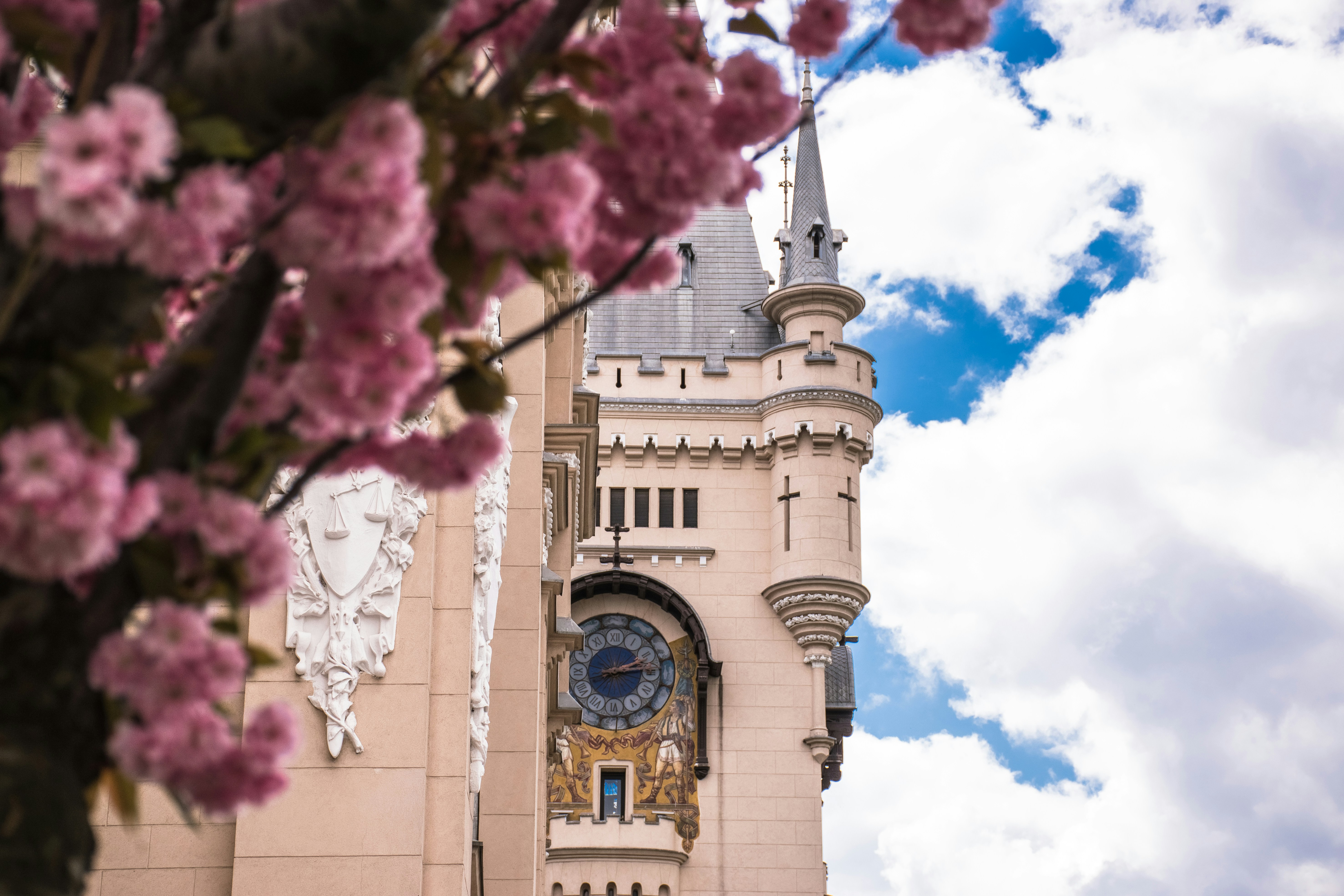 Ornate castle tower framed by vibrant pink blossoms under a partly cloudy sky.
