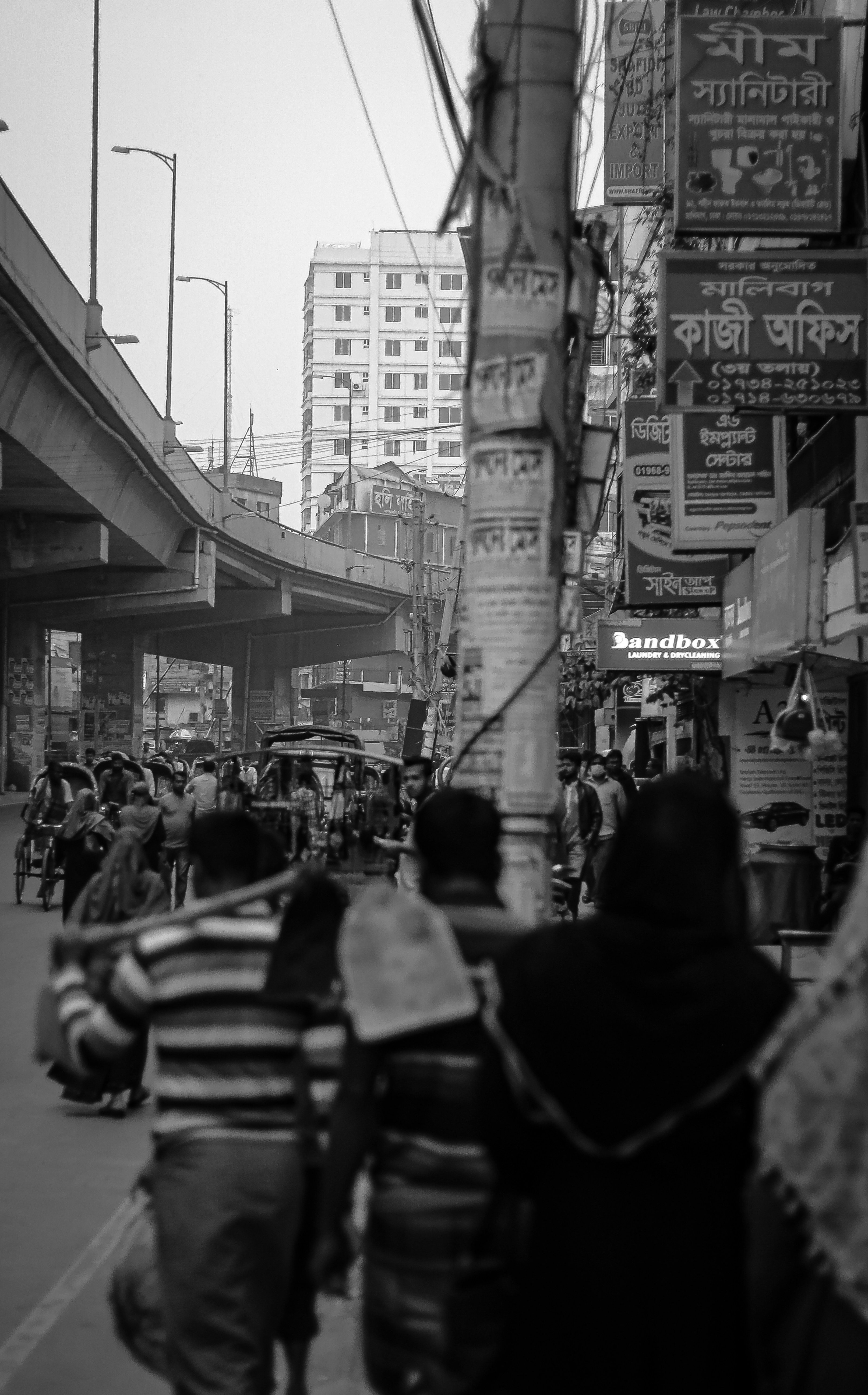 Under the Overpass: A Monochrome Tangle of People and Signboards