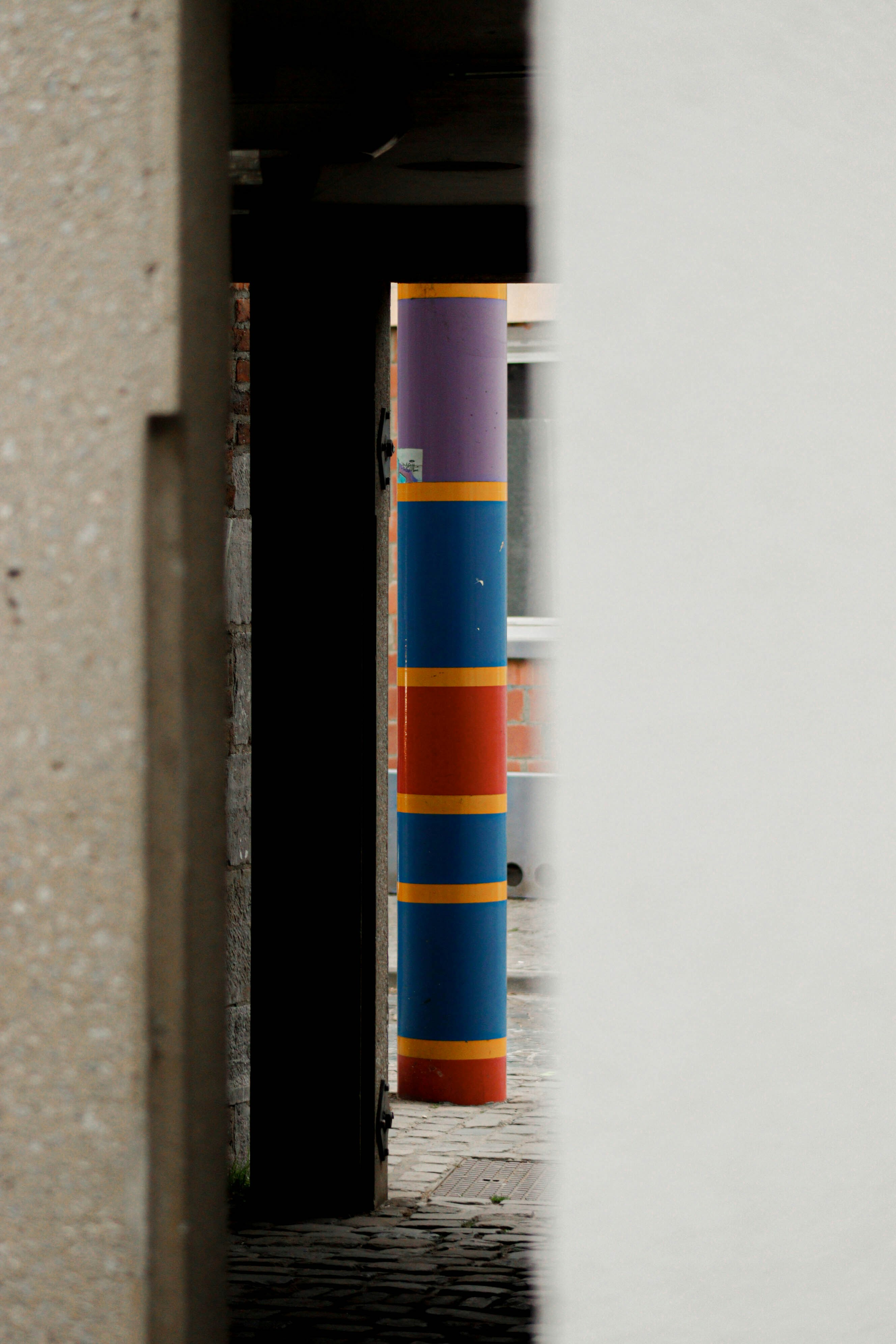 Through a Narrow Threshold: The Striped Sentinel Framed Between Concrete and White
