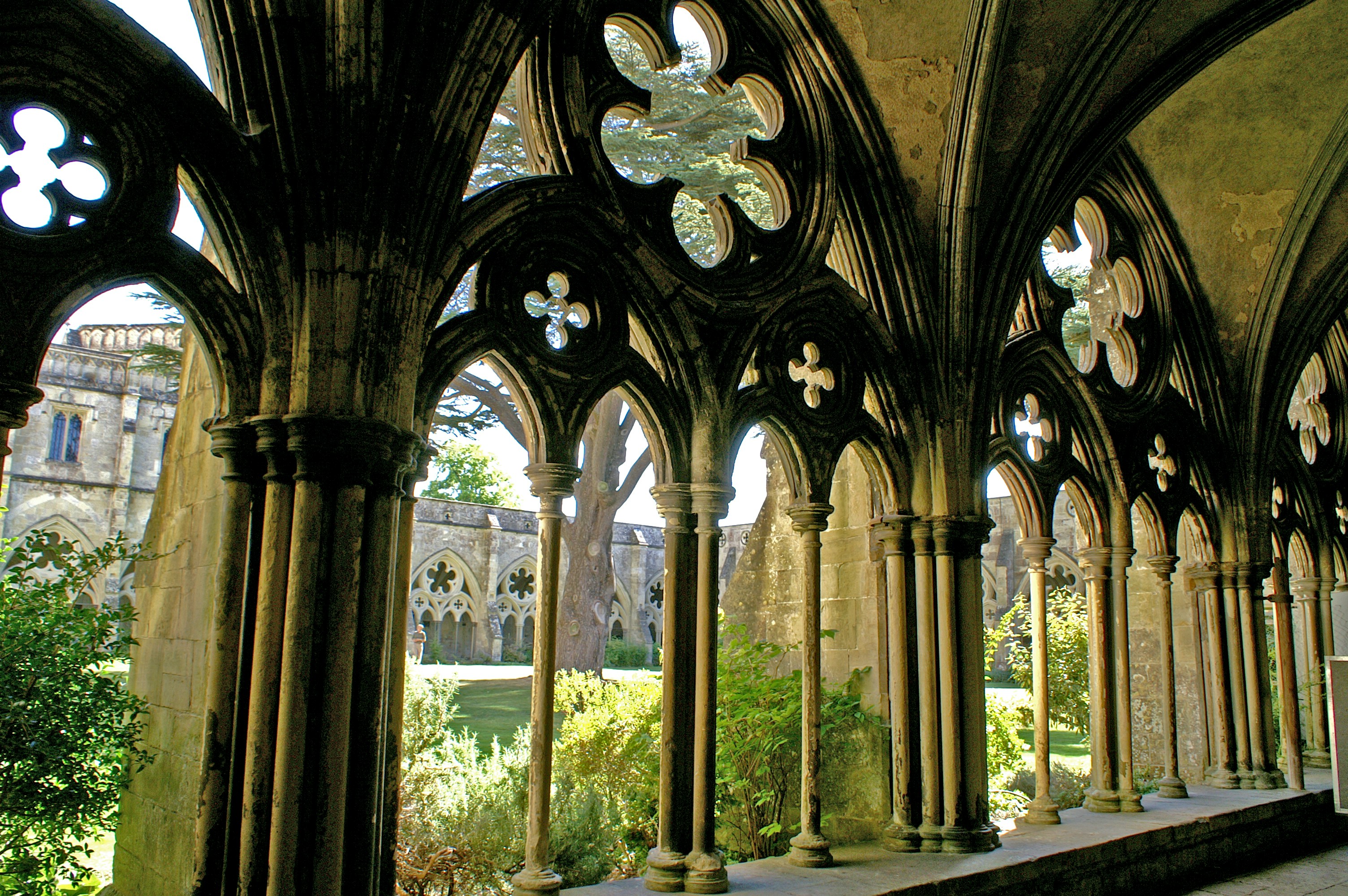 Intricate gothic arches frame a serene courtyard, showcasing the architectural elegance of the cloister. Lush greenery peeks through the stonework.