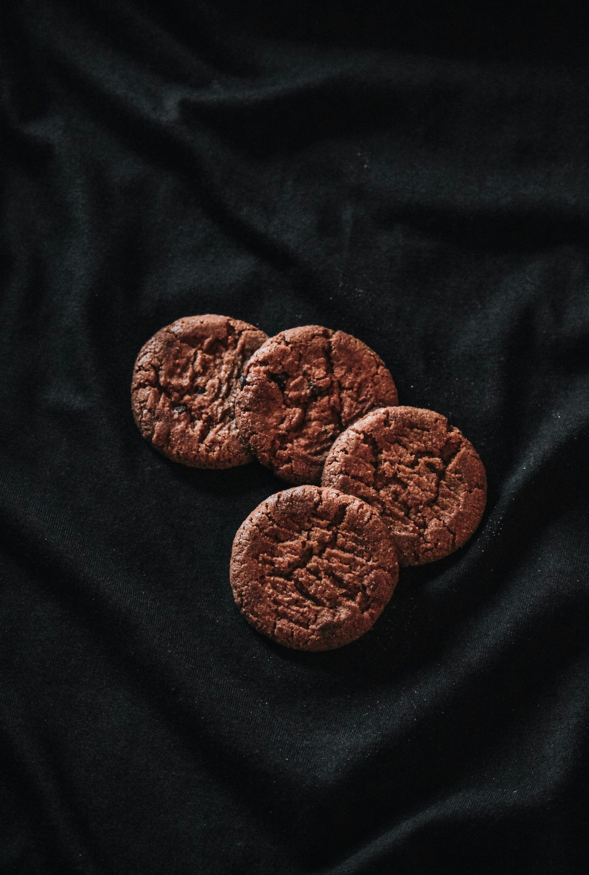 Velvet Noir: Four Cocoa Cookies on Dark Fabric
