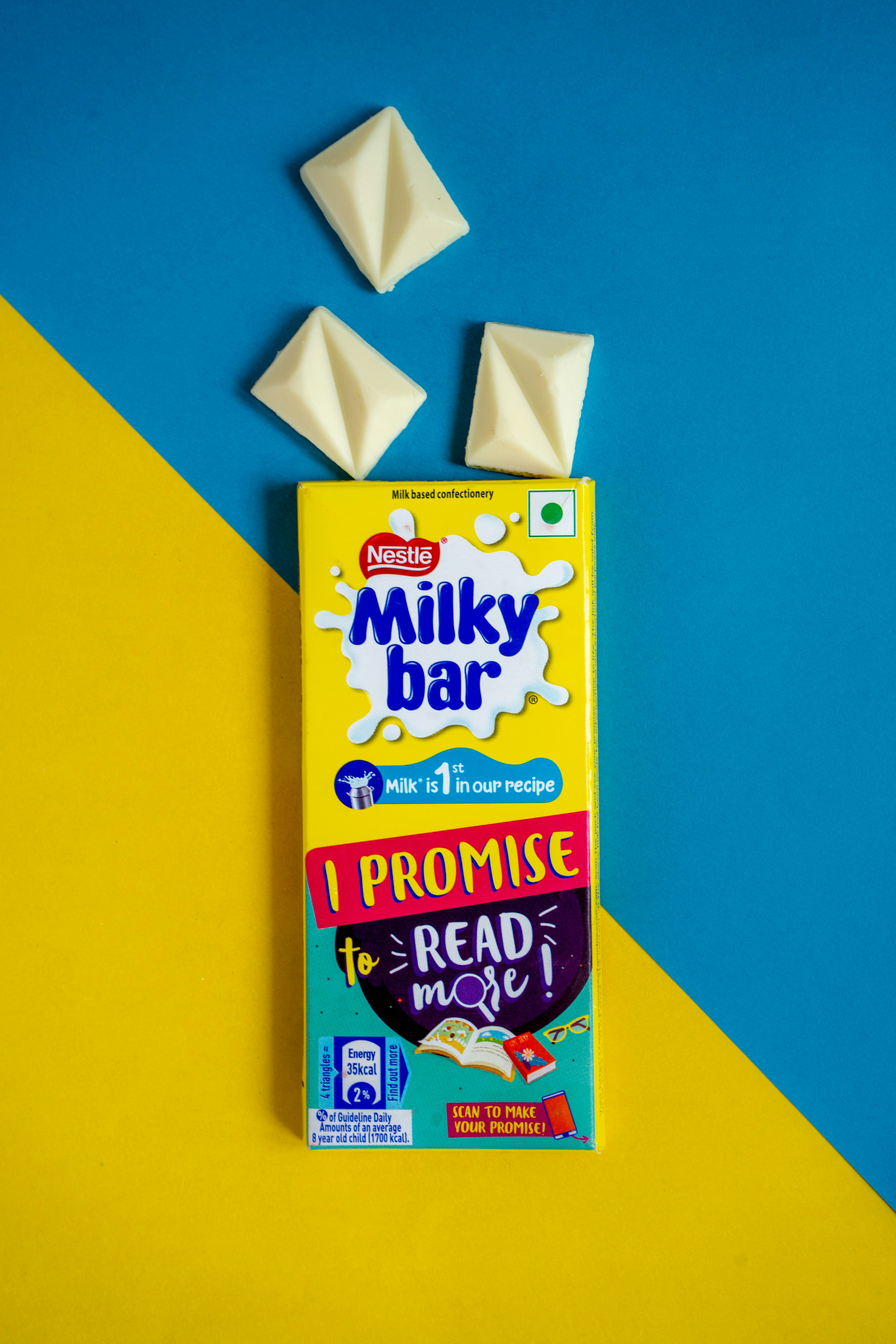 Milky Bar Promise: A Bright Block of Joy Against Geometric Backdrops