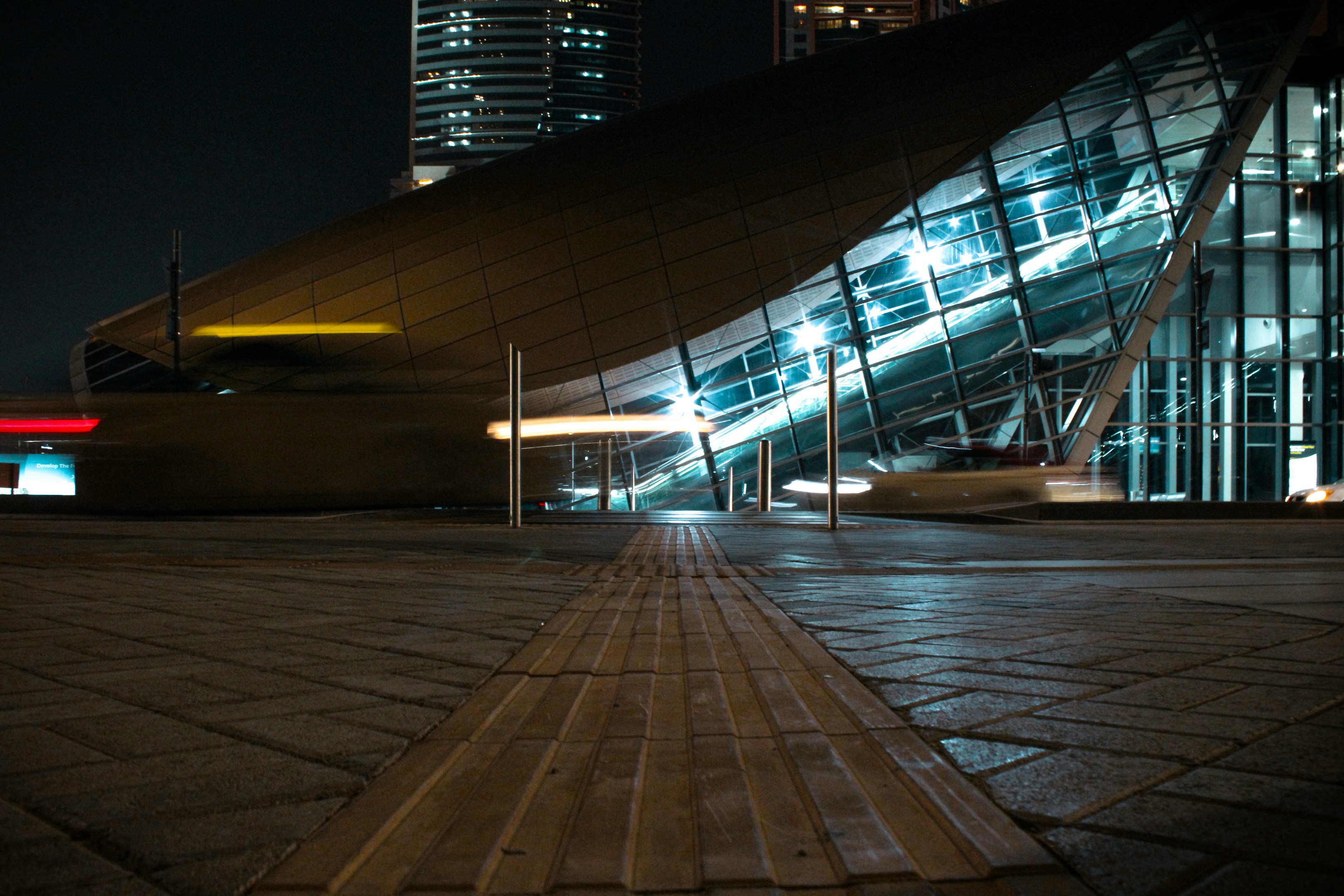 Night at the Glass Atrium: A Quiet Long-Exposure Walkway