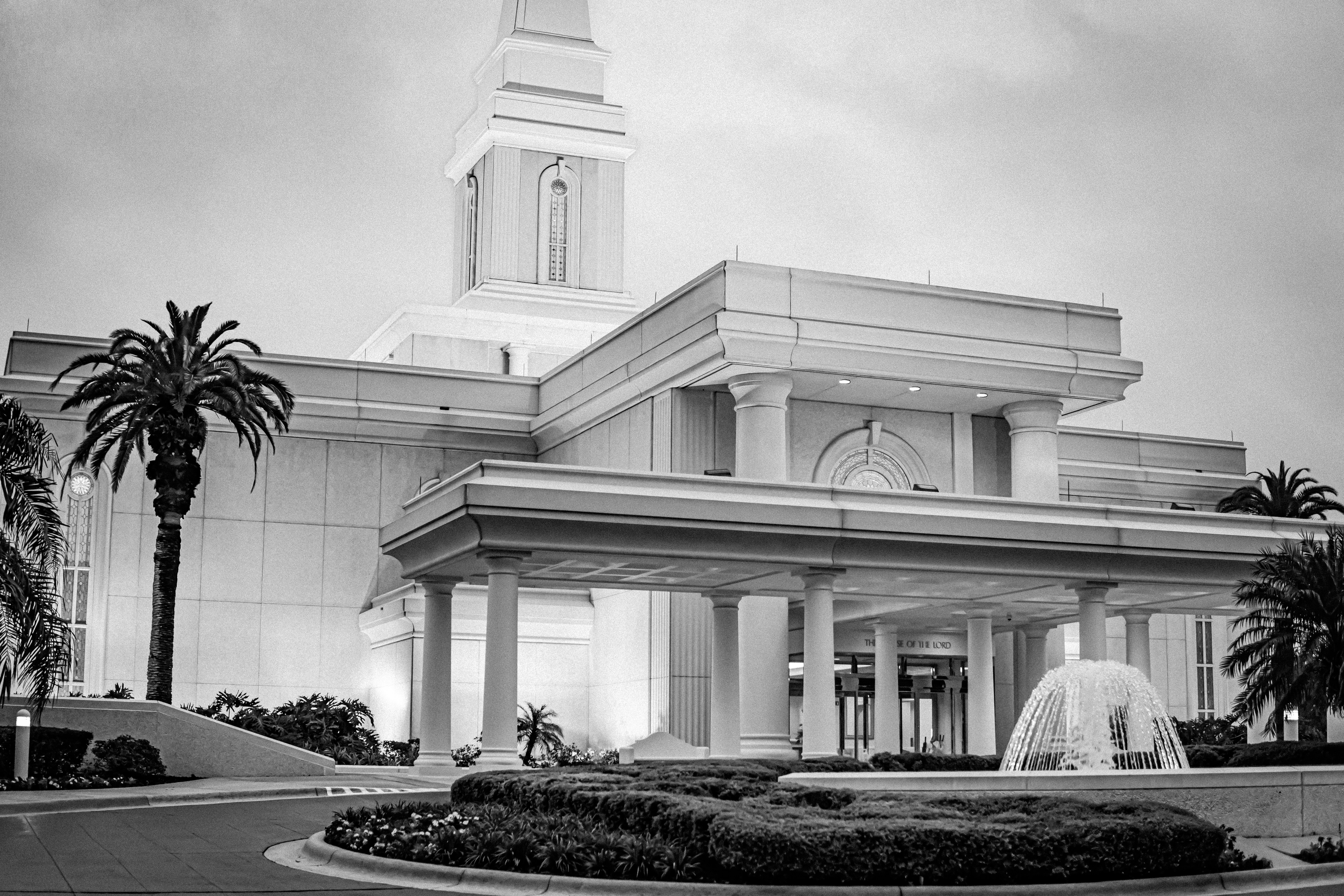 Monumental Entry: A Grand Columned Facade and Fountain in Quiet Grayscale