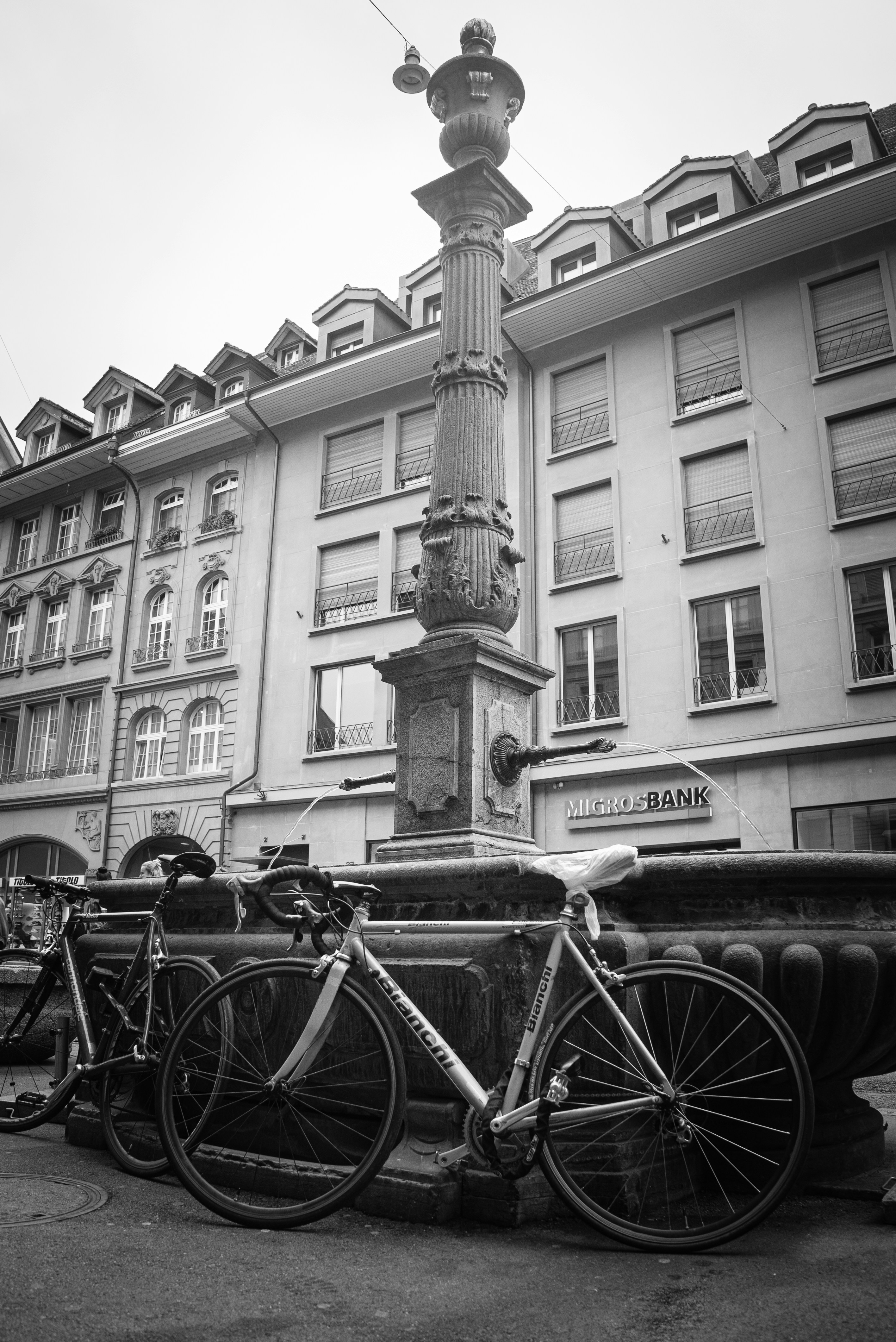 Bicycle Ridge by the Fountain: Urban Monochrome