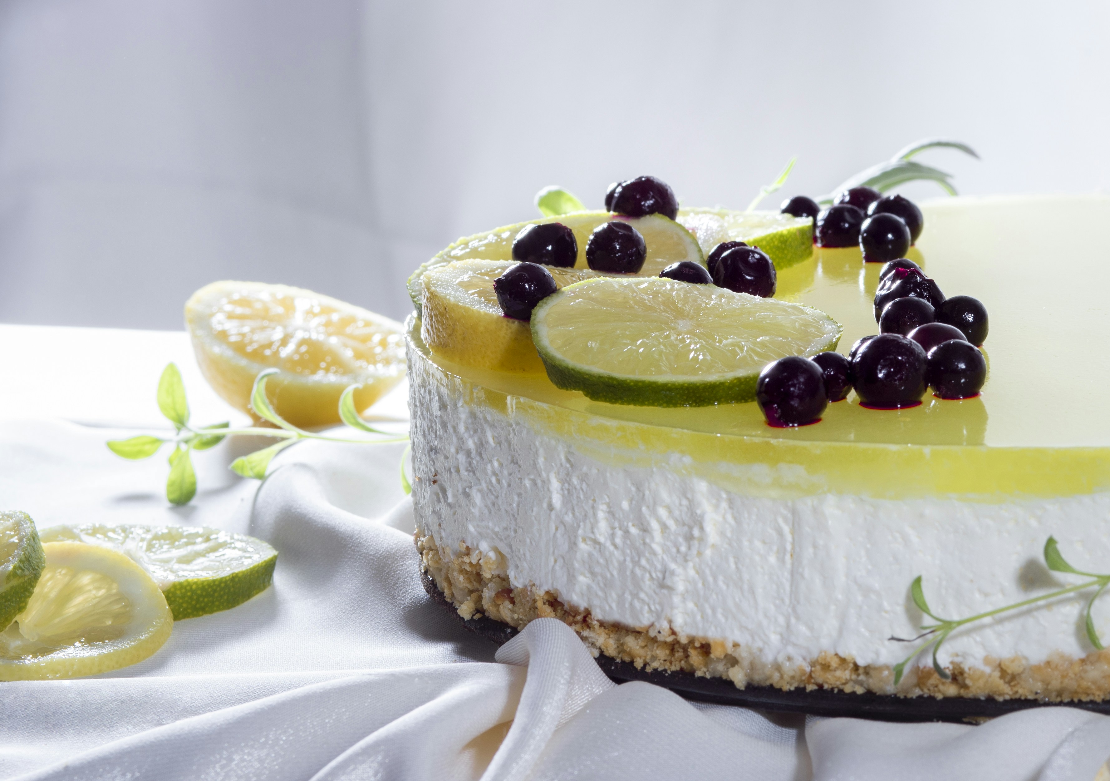 Citrus Crown Cheesecake: Lime Slices, Lemon Rounds, and Blueberries on Satin White
