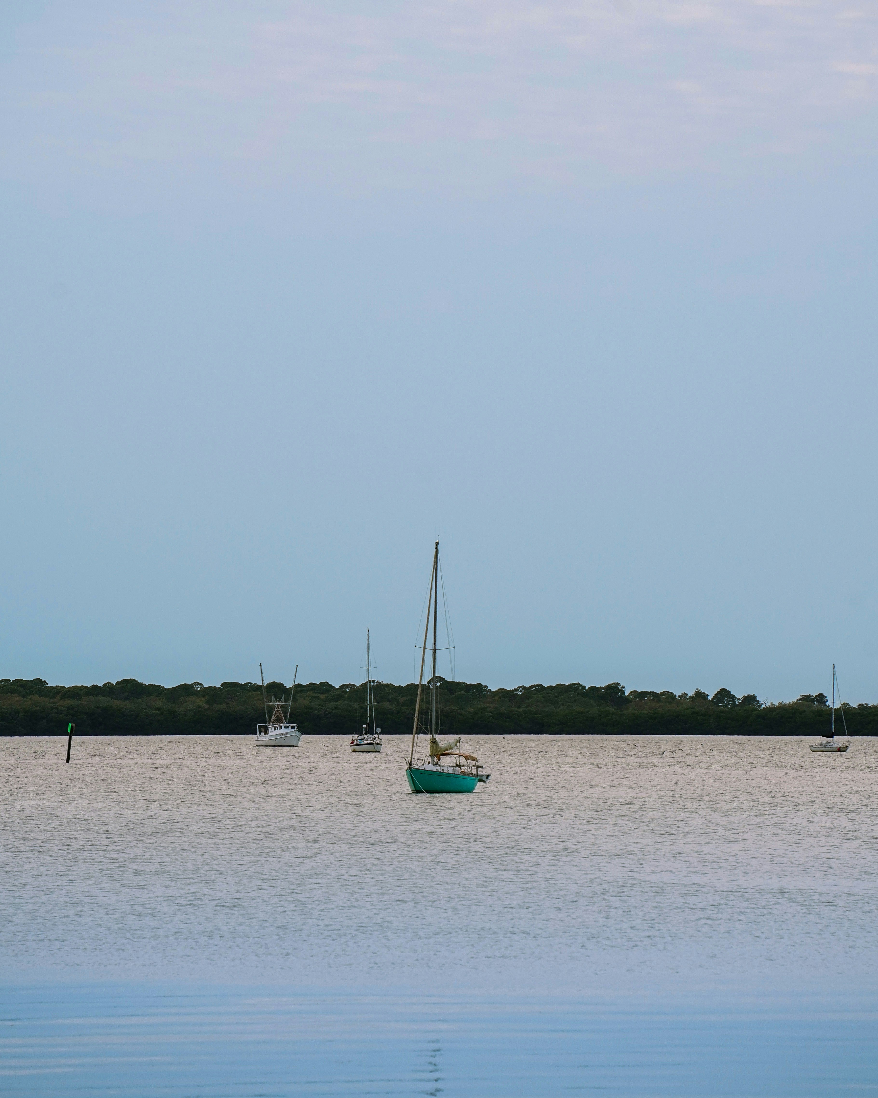 A lone sailboat gently floats on calm waters, surrounded by distant vessels and lush greenery along the shore. The tranquil scene captures the essence of peaceful maritime life.