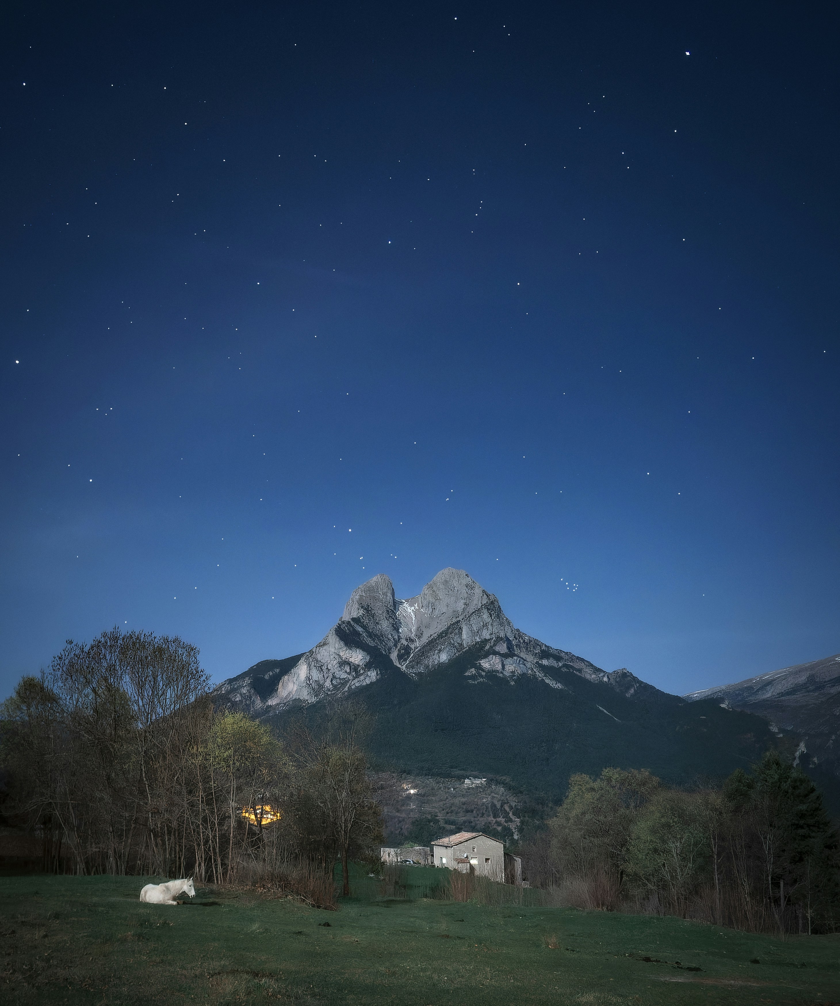 Twin Alpine Peaks Beneath a Velvet Starfield