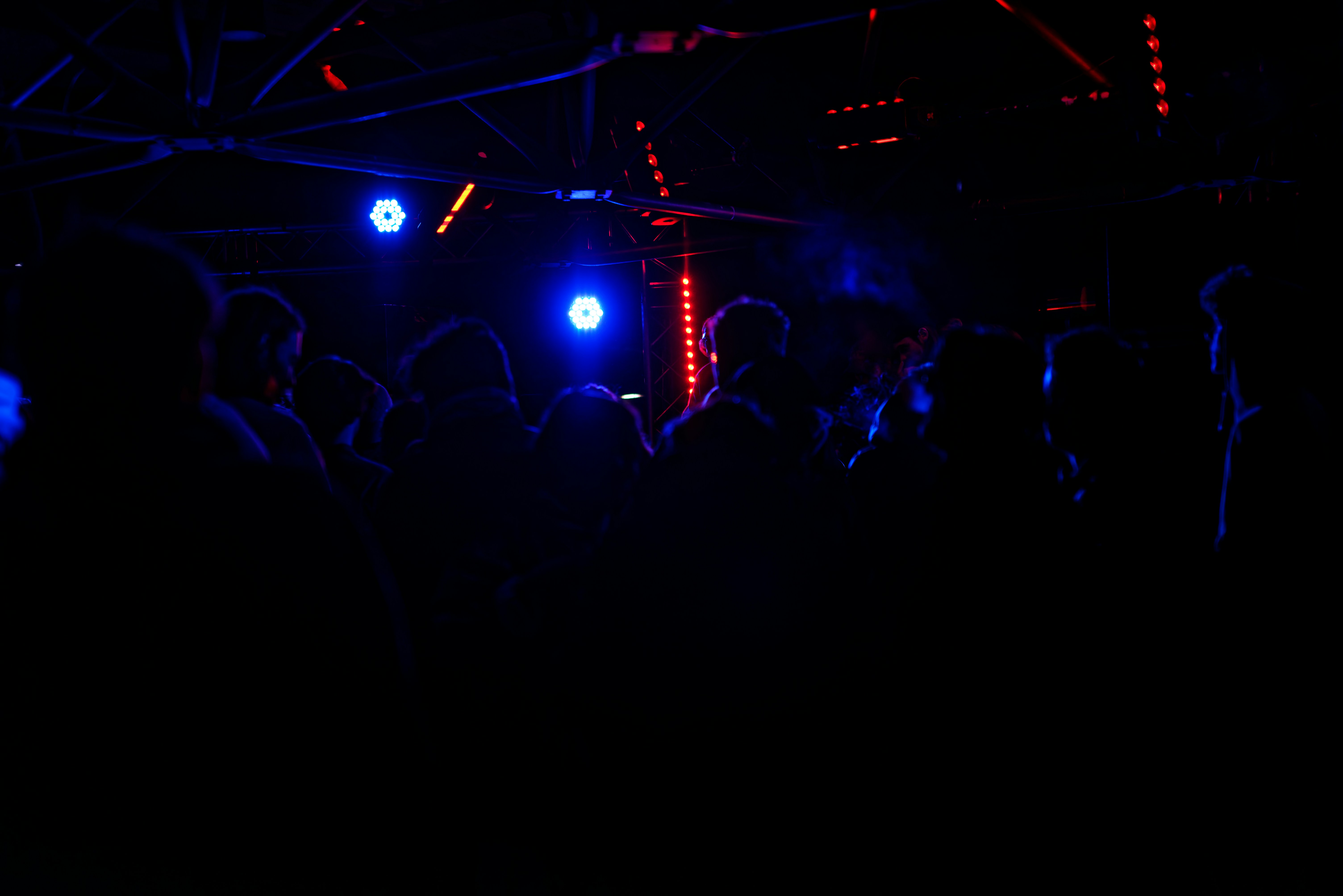 Silhouetted crowd under vibrant blue and red stage lights at a live music event.