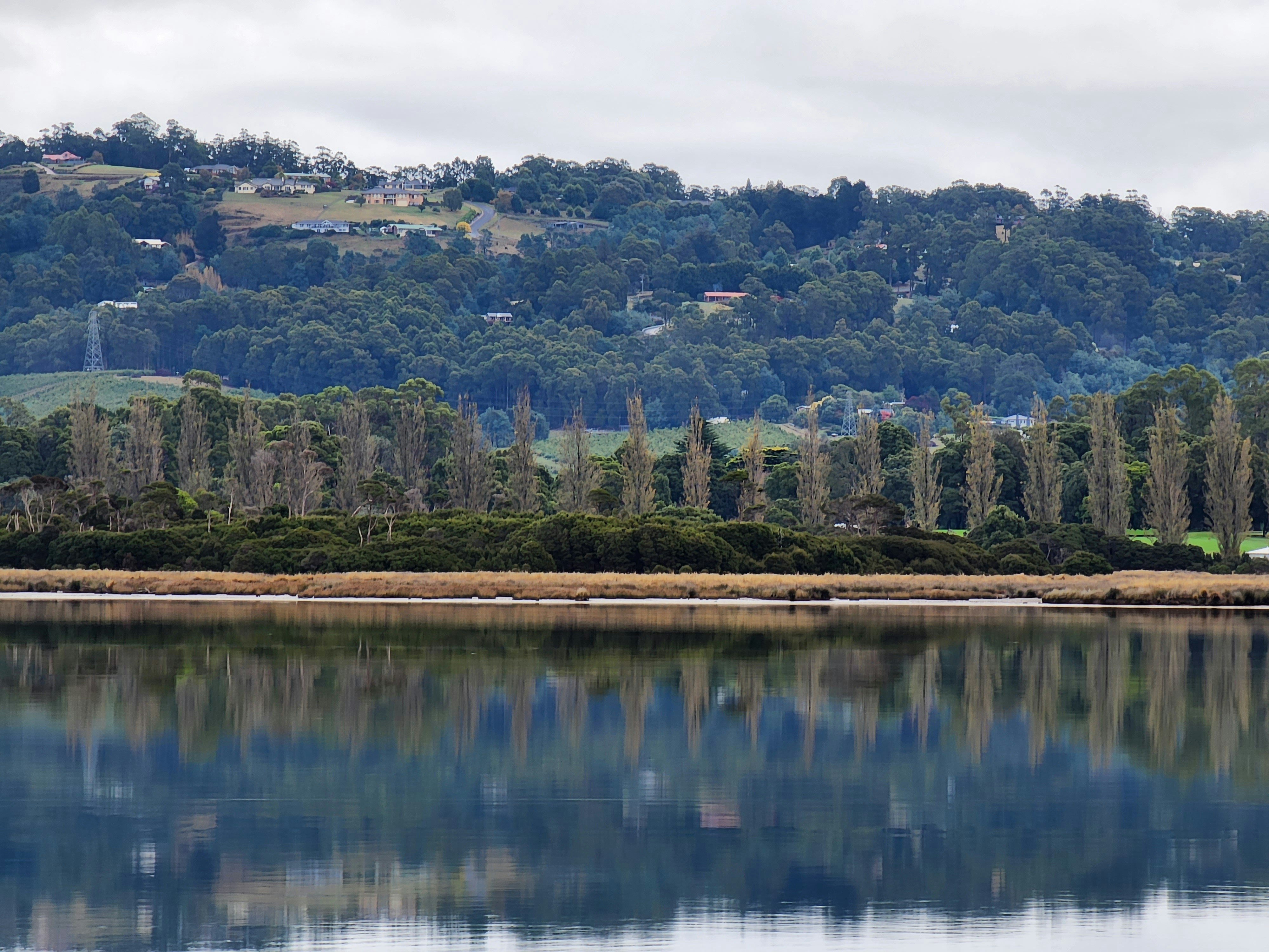Lush green hills and tall trees reflect beautifully on a calm body of water under a cloudy sky.