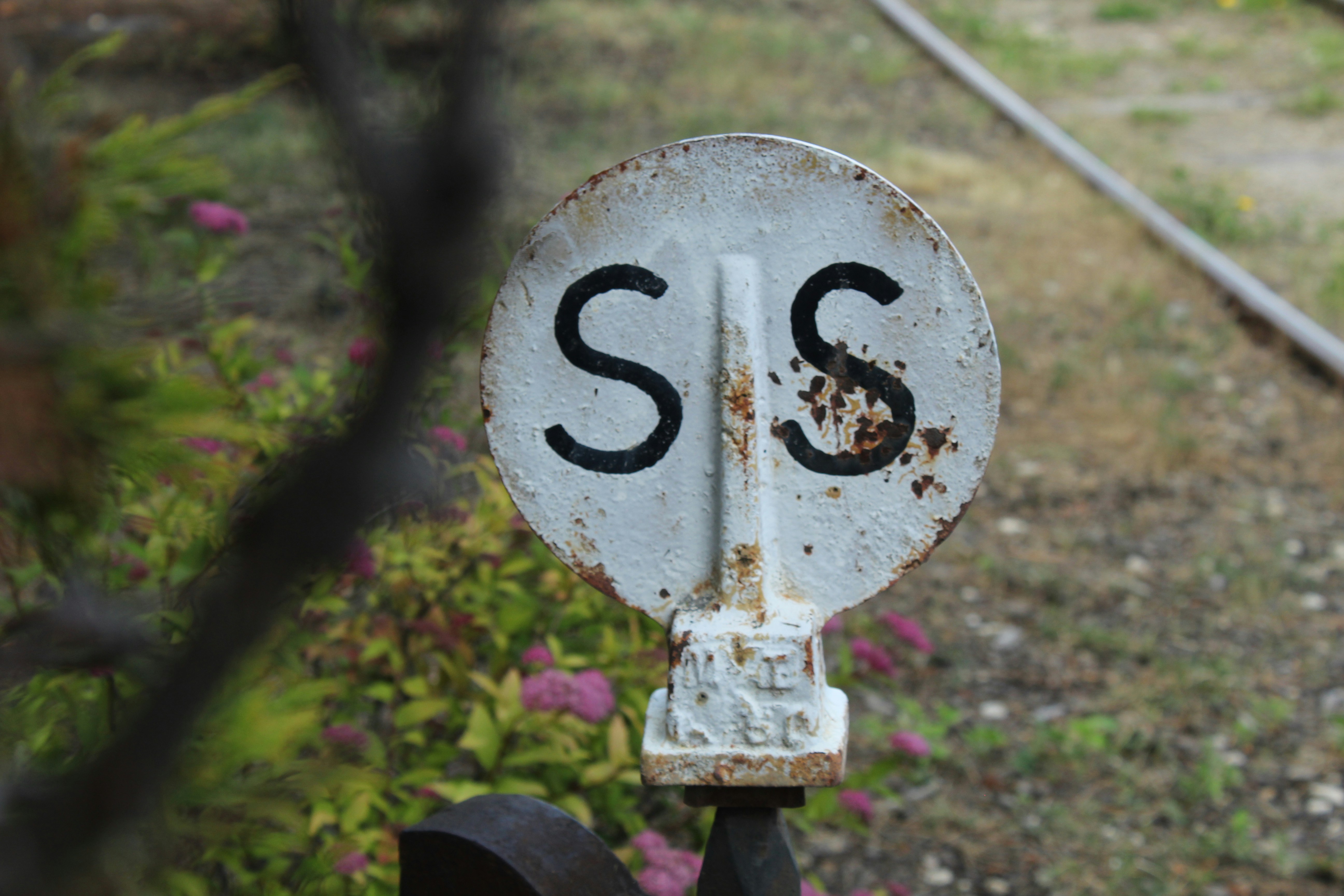 Weathered Circular Rail Signal Bearing S by Overgrown Tracks