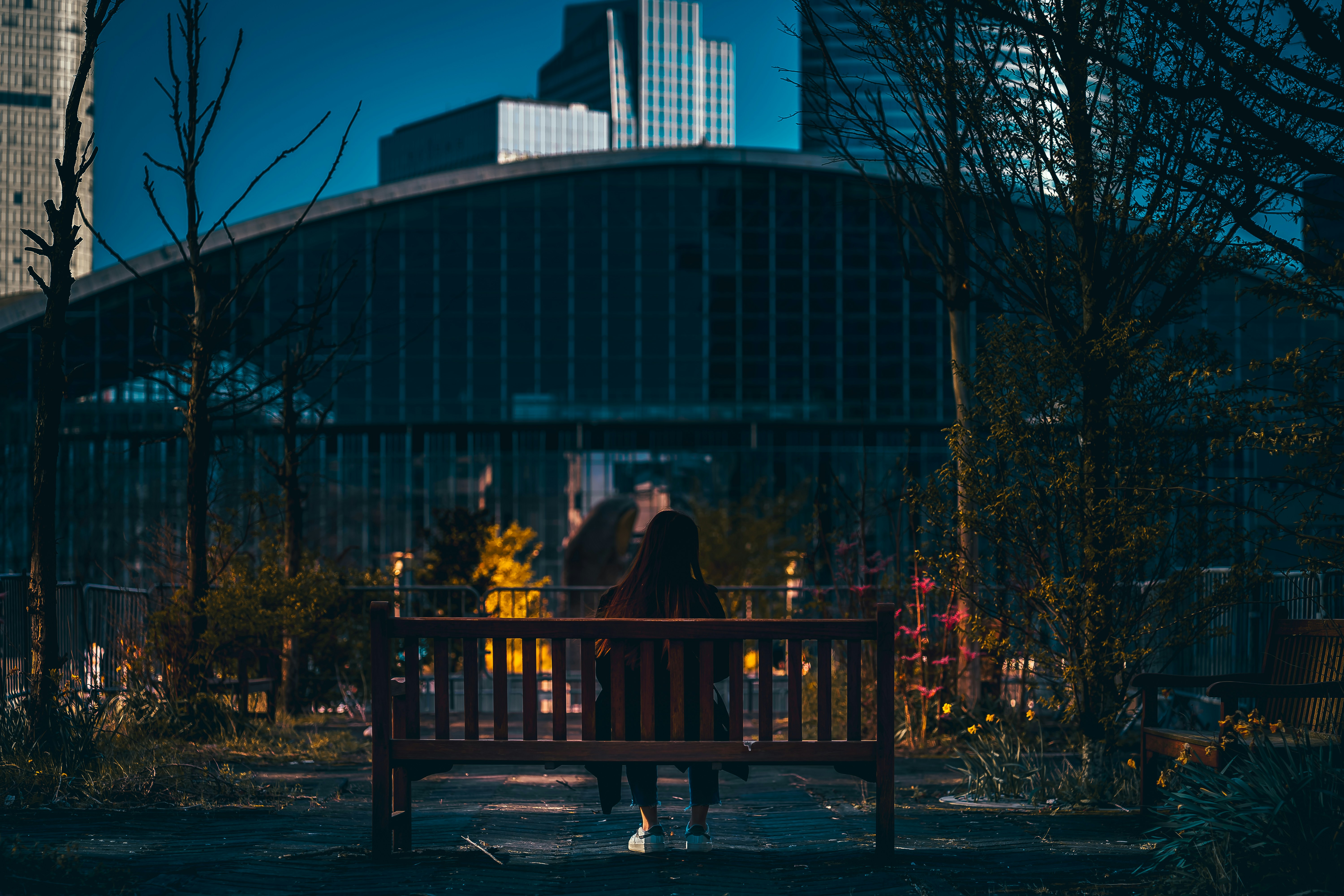 A solitary figure sits on a bench in an urban park, surrounded by sparse foliage and modern architecture. The scene captures a blend of nature and city life.