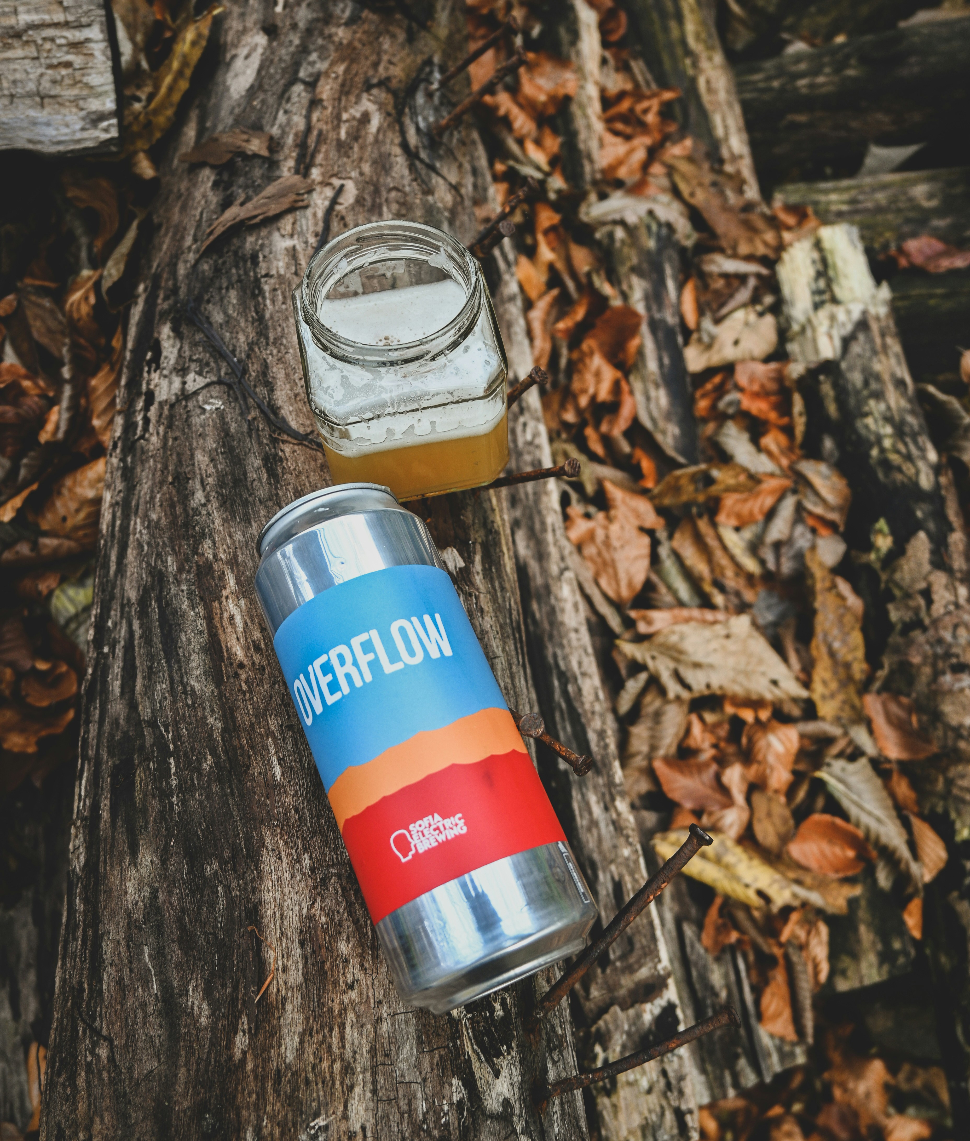Harvested Orange: A Can and Jar Resting on Weathered Log