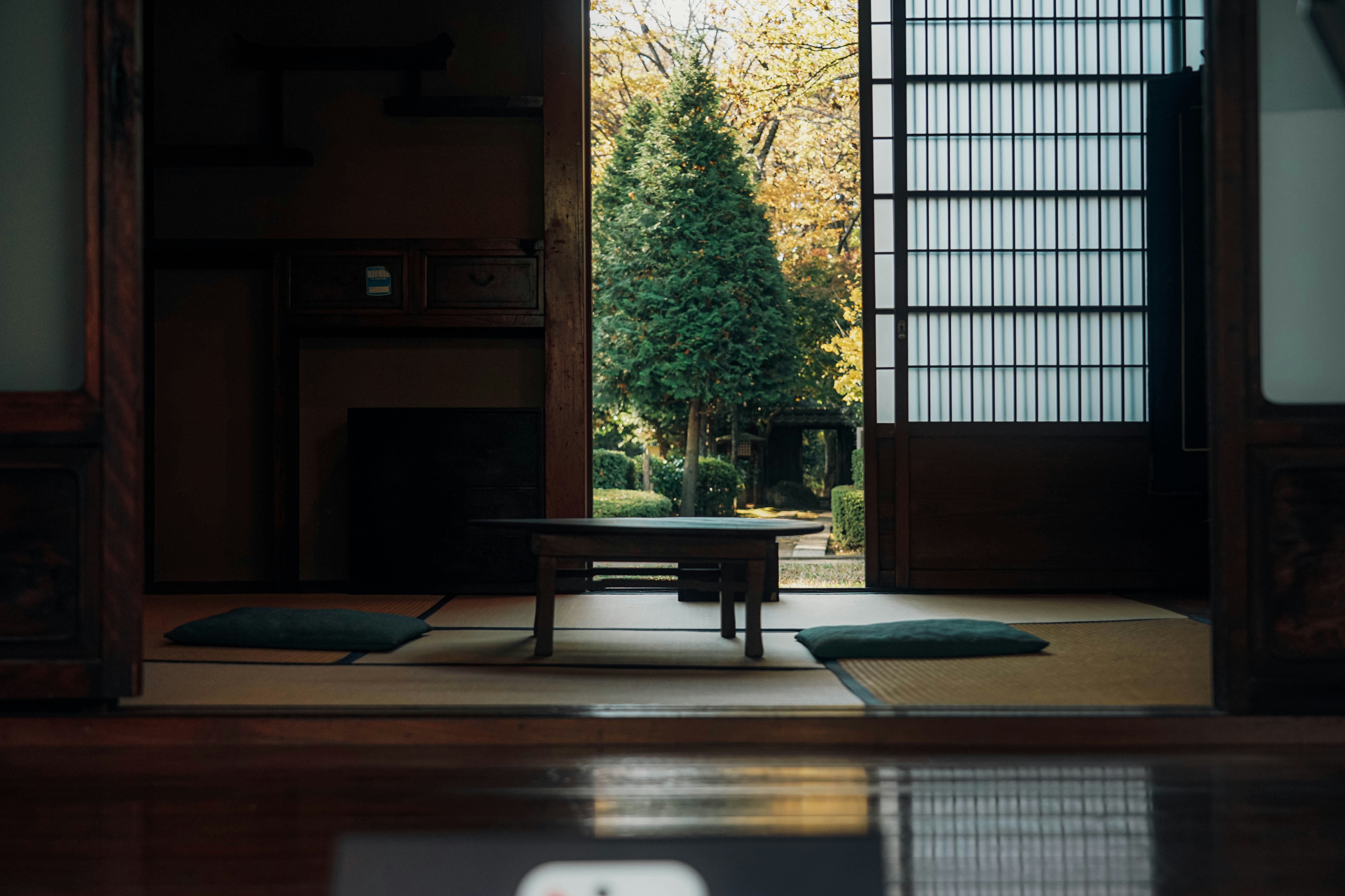 View through a traditional Japanese sliding door into a serene garden, featuring a small table and tatami mats. The lush greenery outside complements the calm interior.