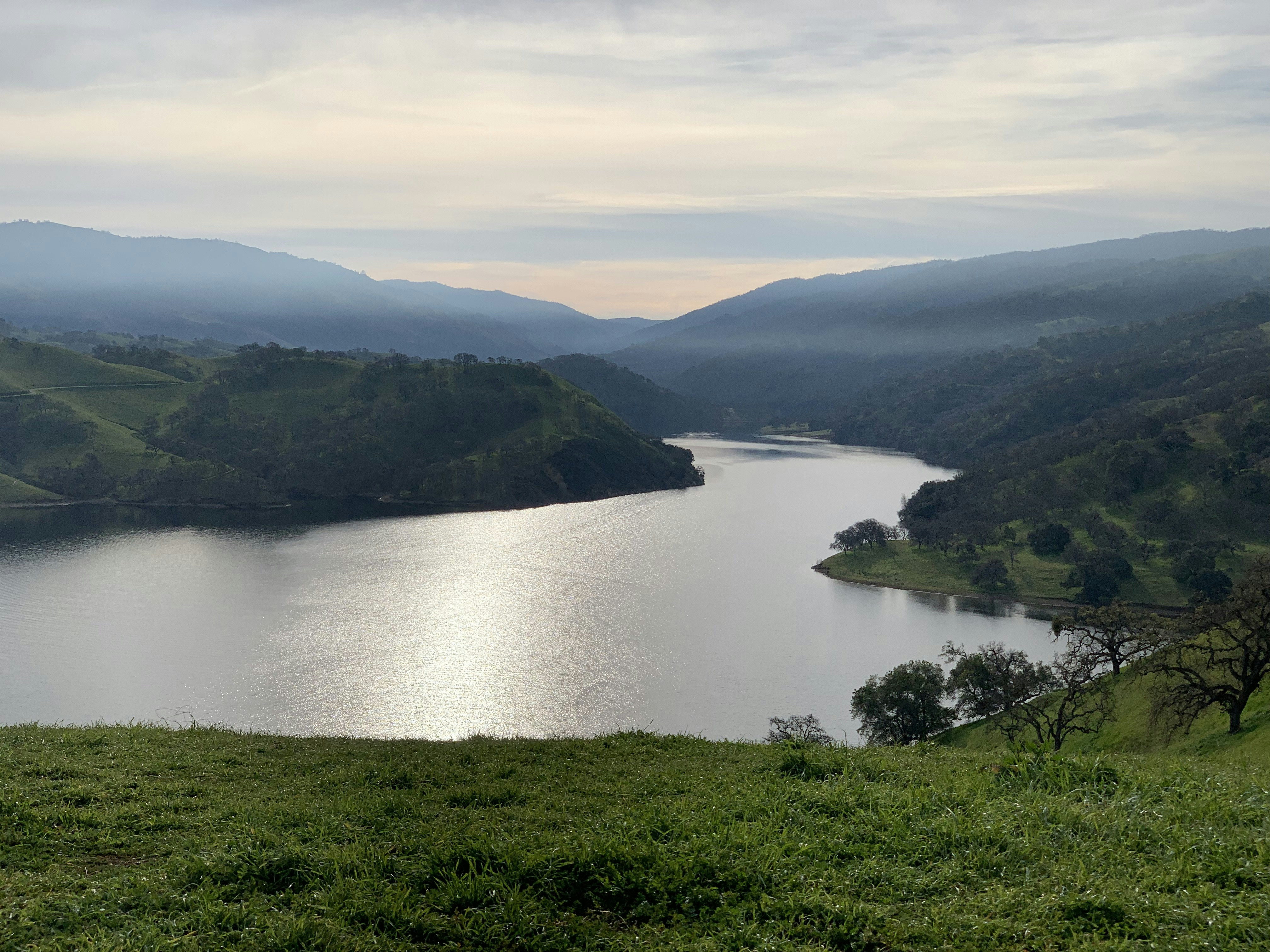 Gentle river winding through lush hills under a soft, cloudy sky.