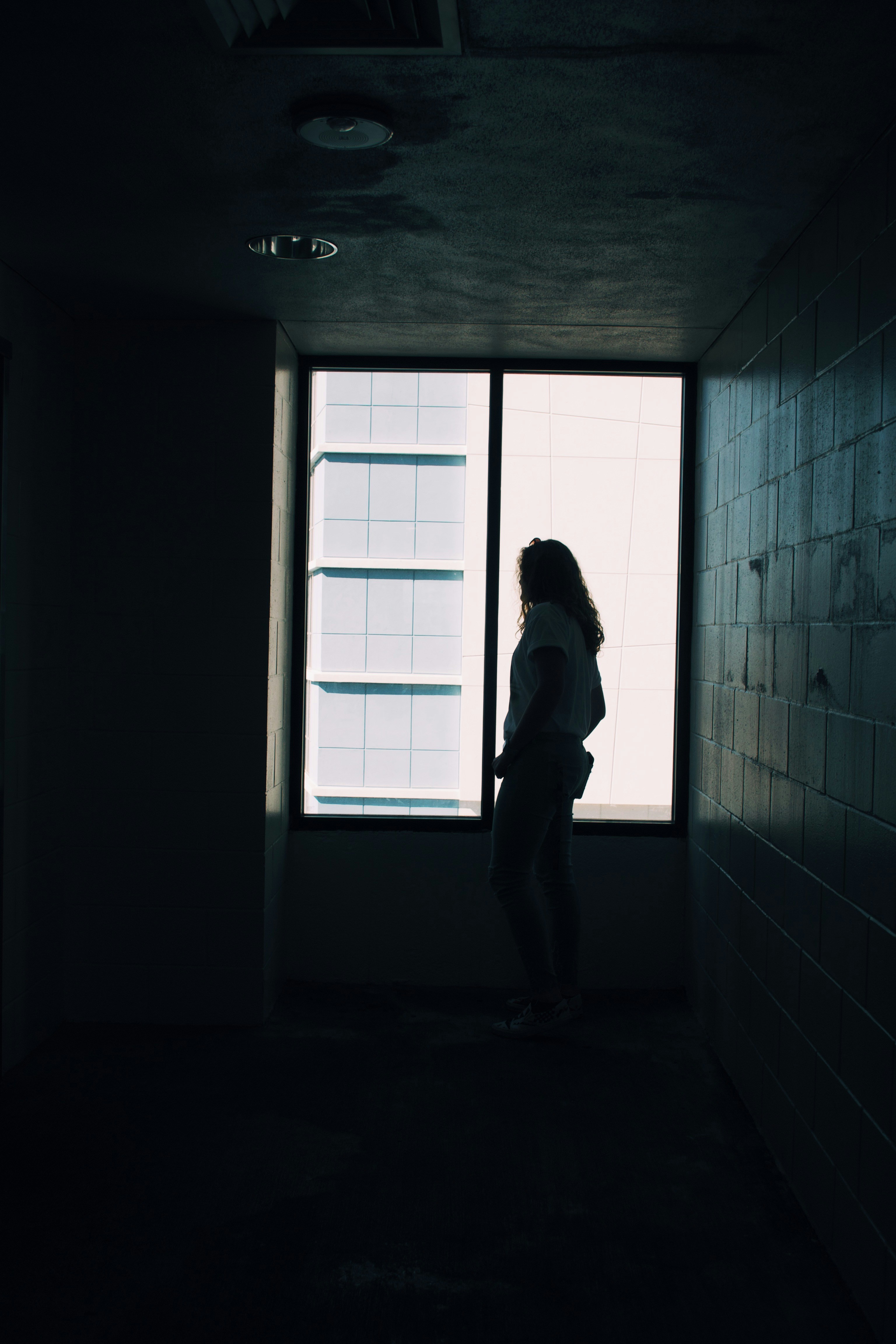A silhouetted figure stands by a large window, contrasting against the bright exterior of a modern building. The scene evokes a sense of introspection and quiet contemplation.