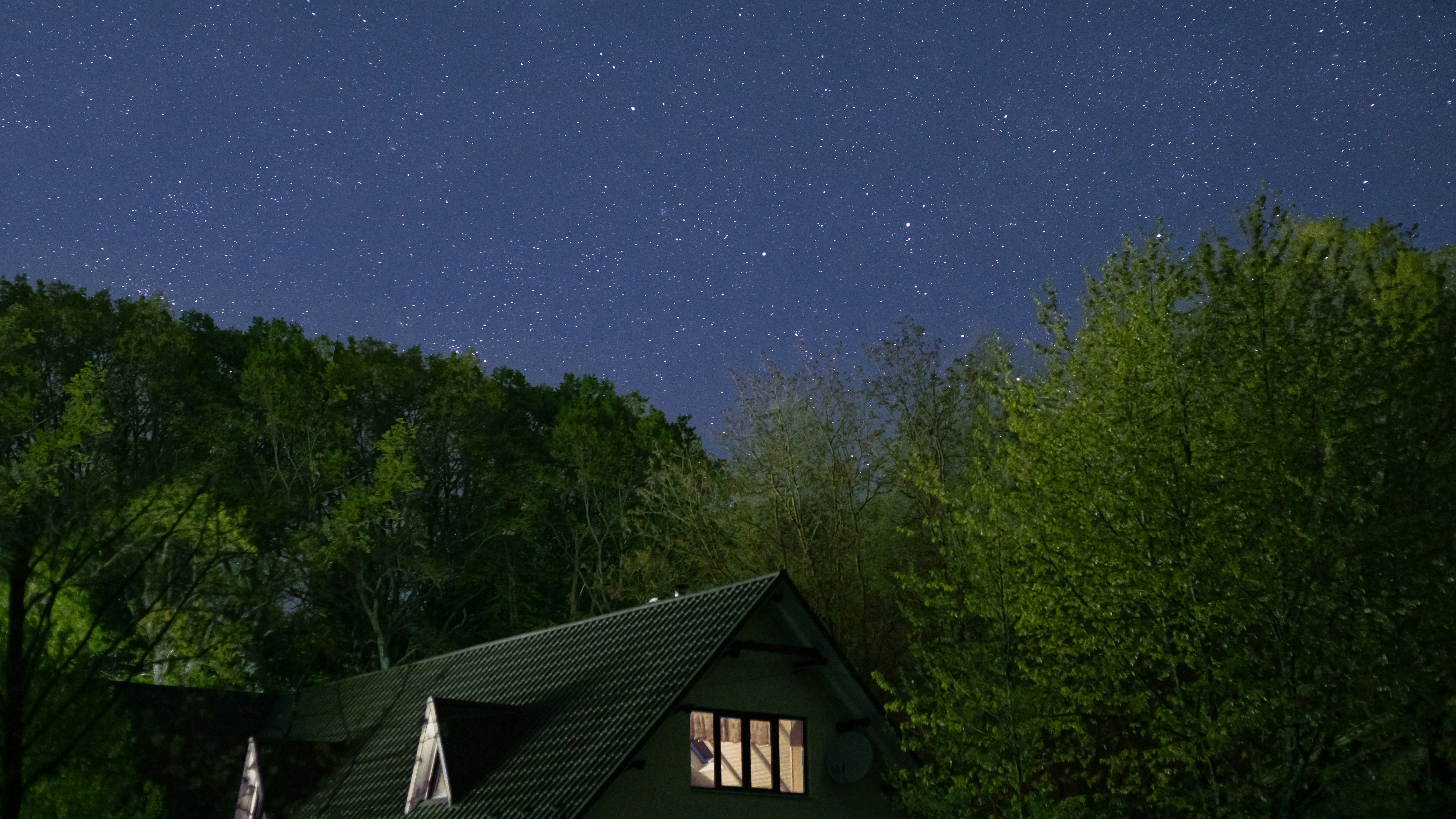 A serene cabin nestled among lush trees under a star-filled sky, creating a tranquil nighttime atmosphere.