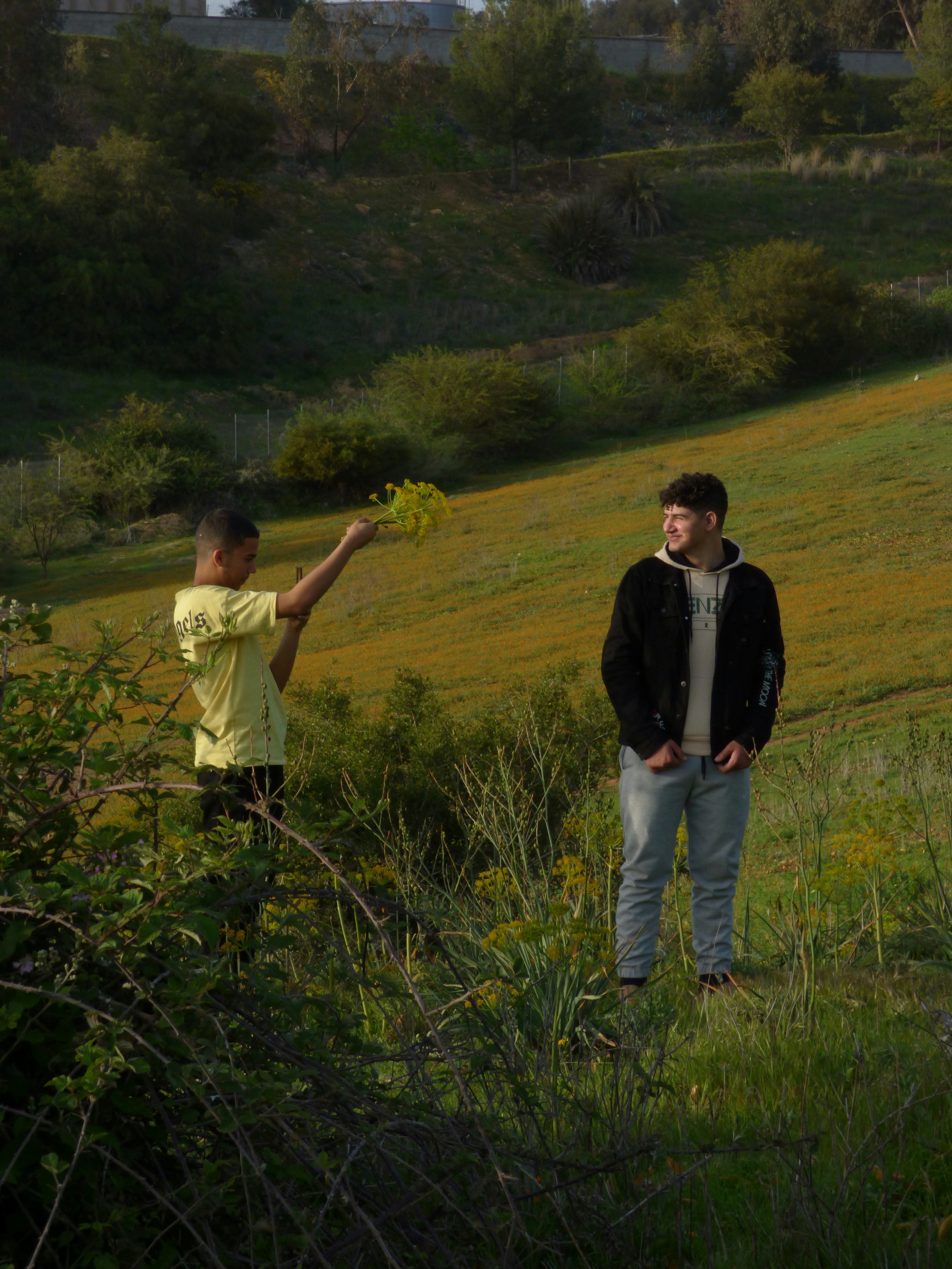 Two friends in a sunlit hillside field sharing a bouquet moment